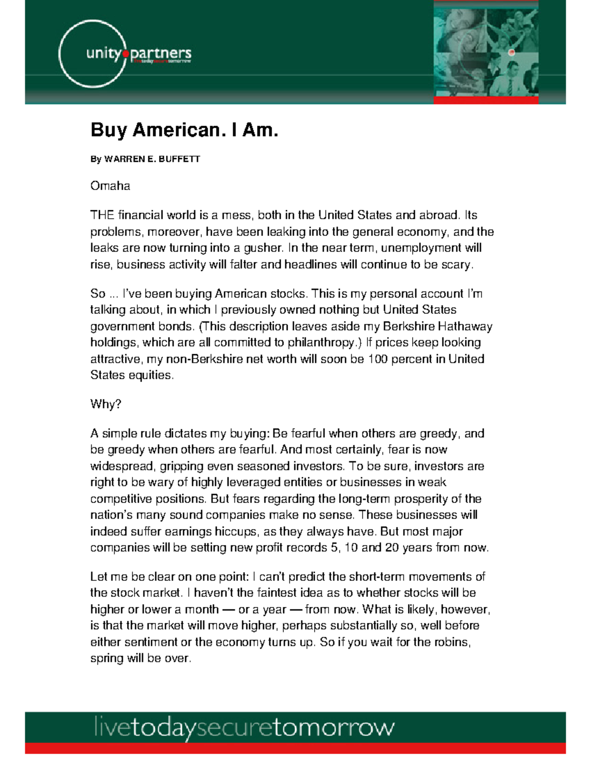 Buy American I am - Assigned Reading - Buy American. I Am. By WARREN E. BUFFETT Omaha THE ...
