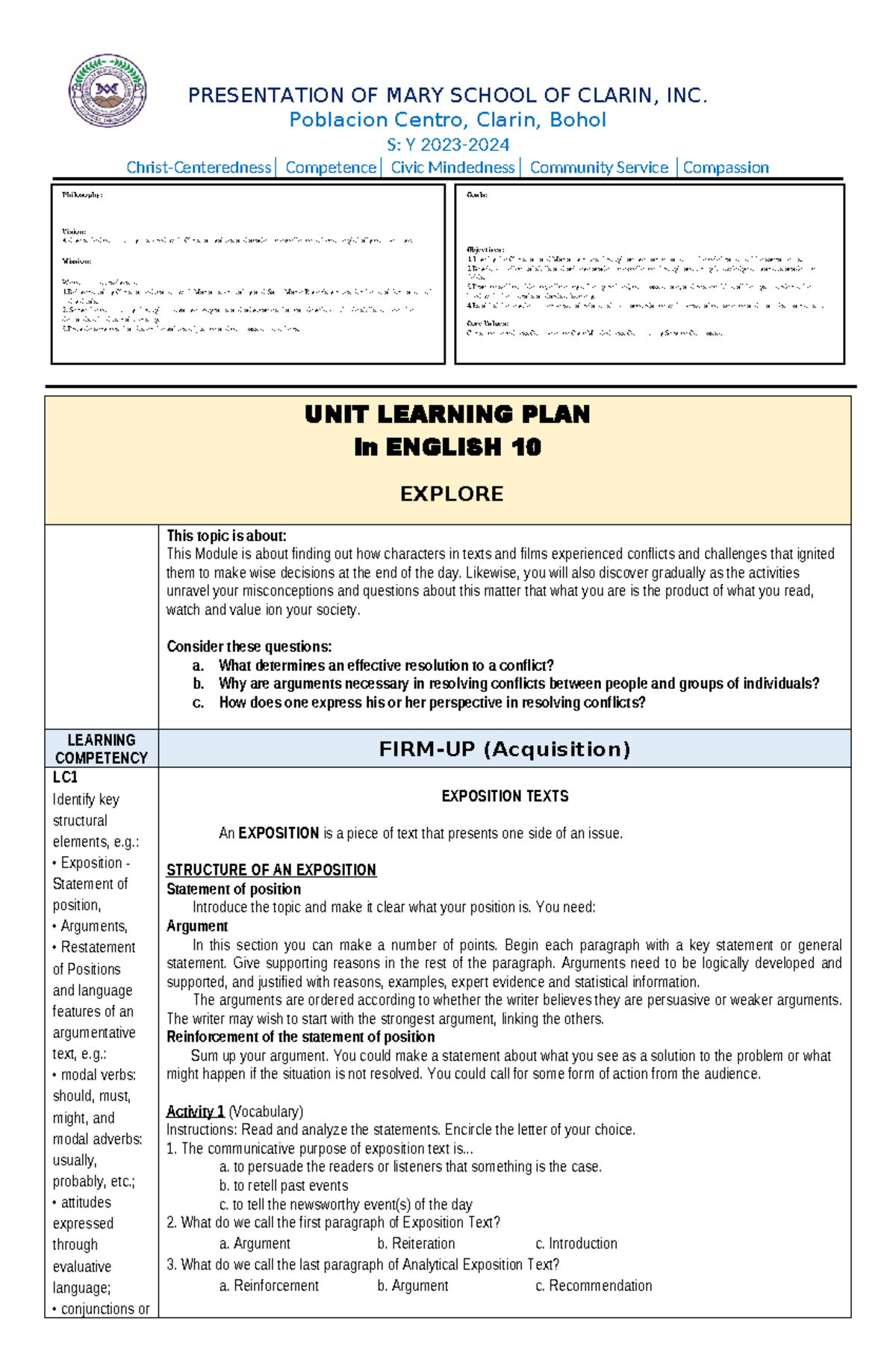 EN10 Unit Learning Plan: Exploring Argumentation & Exposition Texts ...