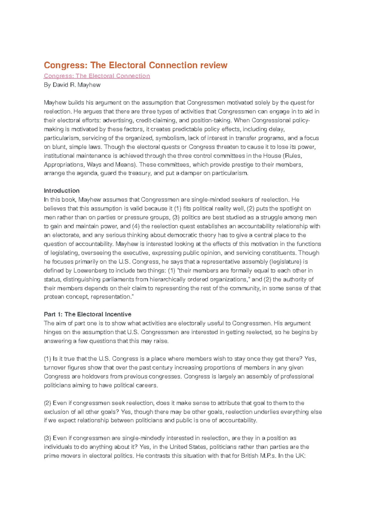 Congress: The Electoral Connection Review - Insights by David R. Mayhew ...