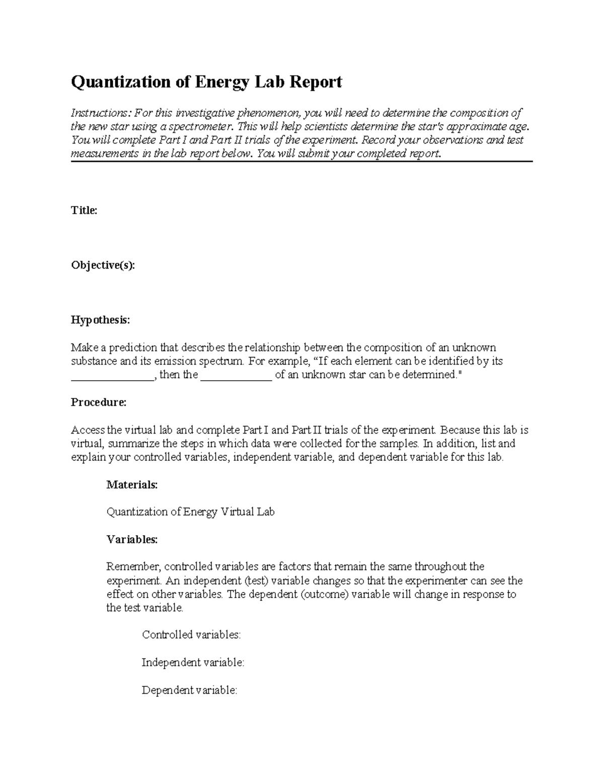 Quantization of Energy Lab Report (Part I & II) - Investigation Summary ...