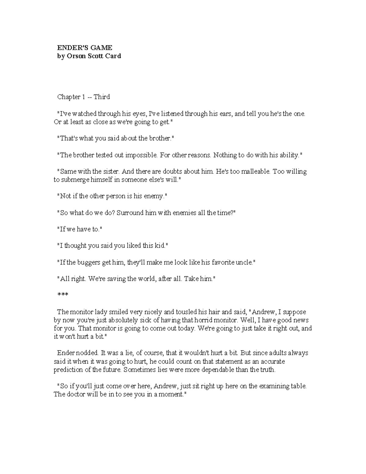 Ender's Game (Chapter 1) - Analysis and Key Themes Breakdown - Studocu