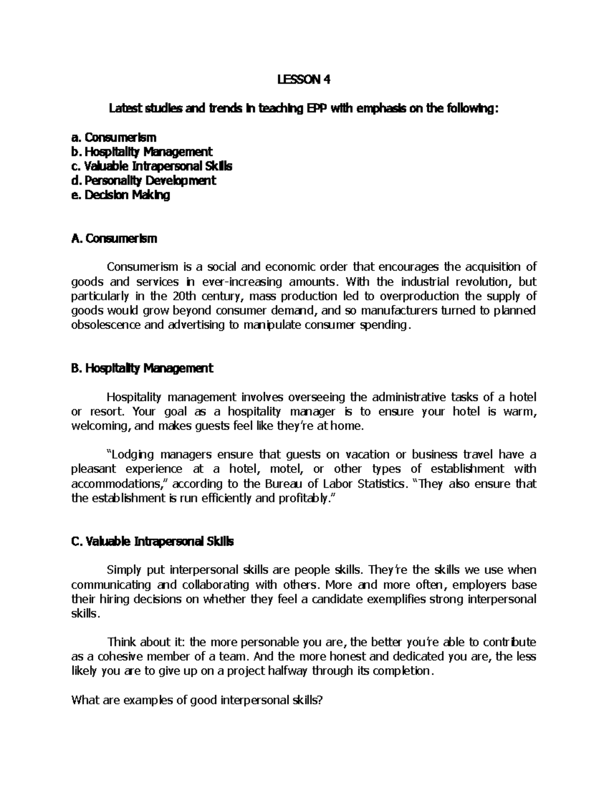 Lesson 4 Quiz: Insights on Consumerism & Hospitality Management - Studocu