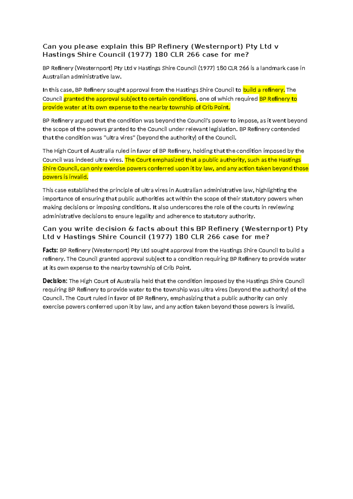 The Case of BP Refinery (Westernport) Pty Ltd v Hastings Shire Council ...