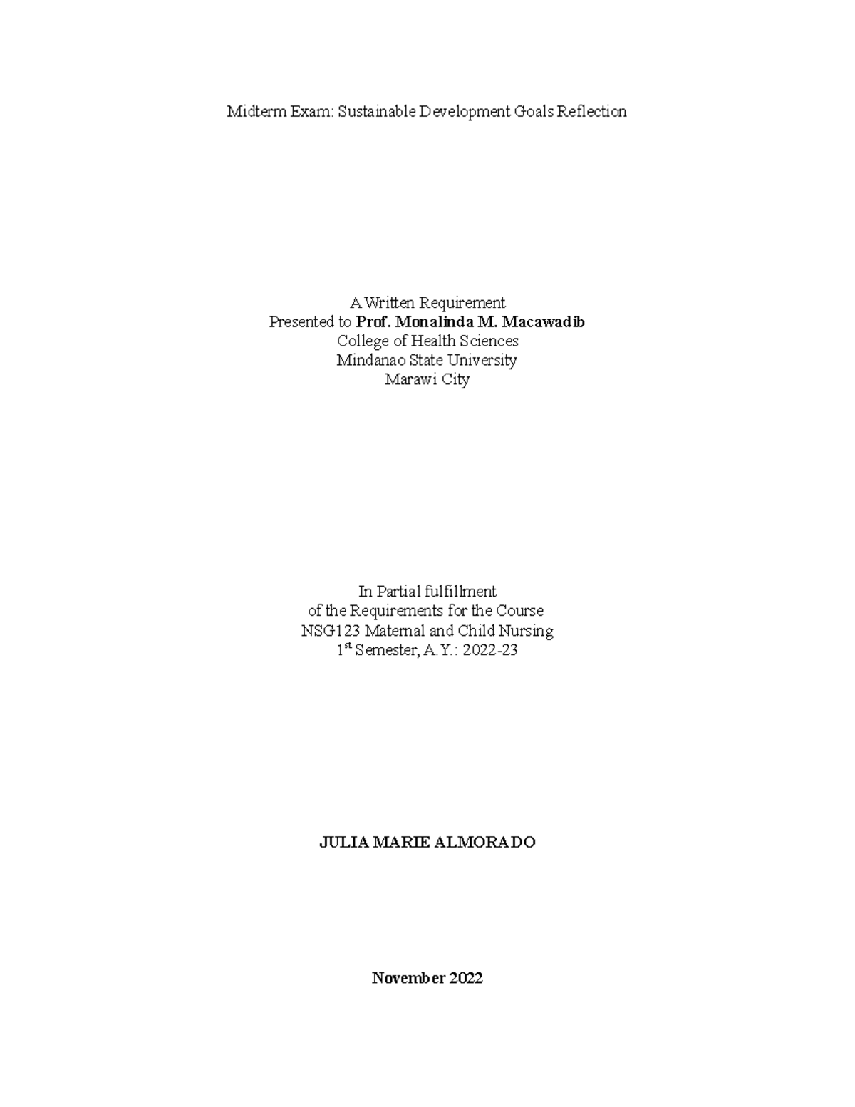 Almorado midterm-exam nsg123 - Midterm Exam: Sustainable Development ...
