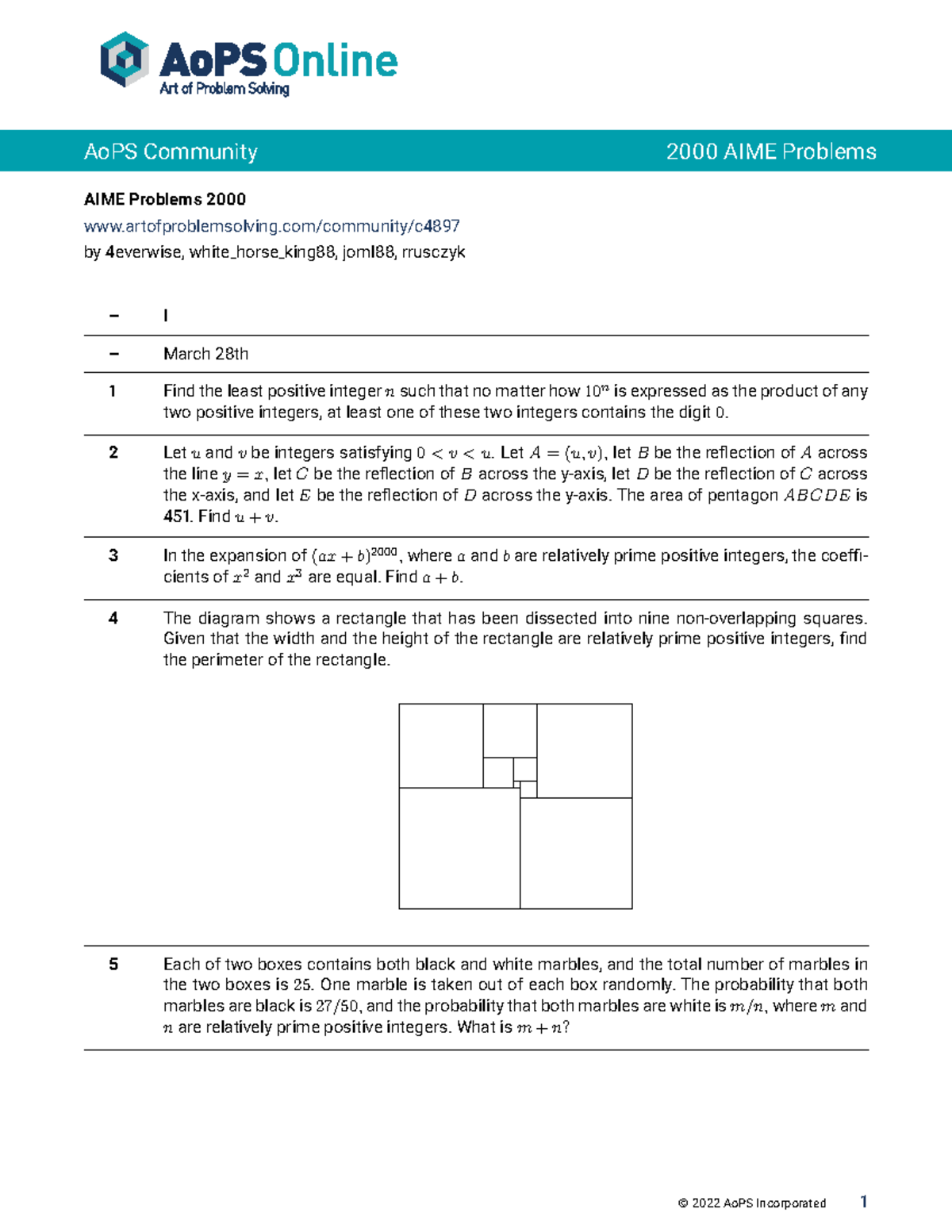 AIME Practice Test 2000 - AoPS Community Problem Set - Studocu
