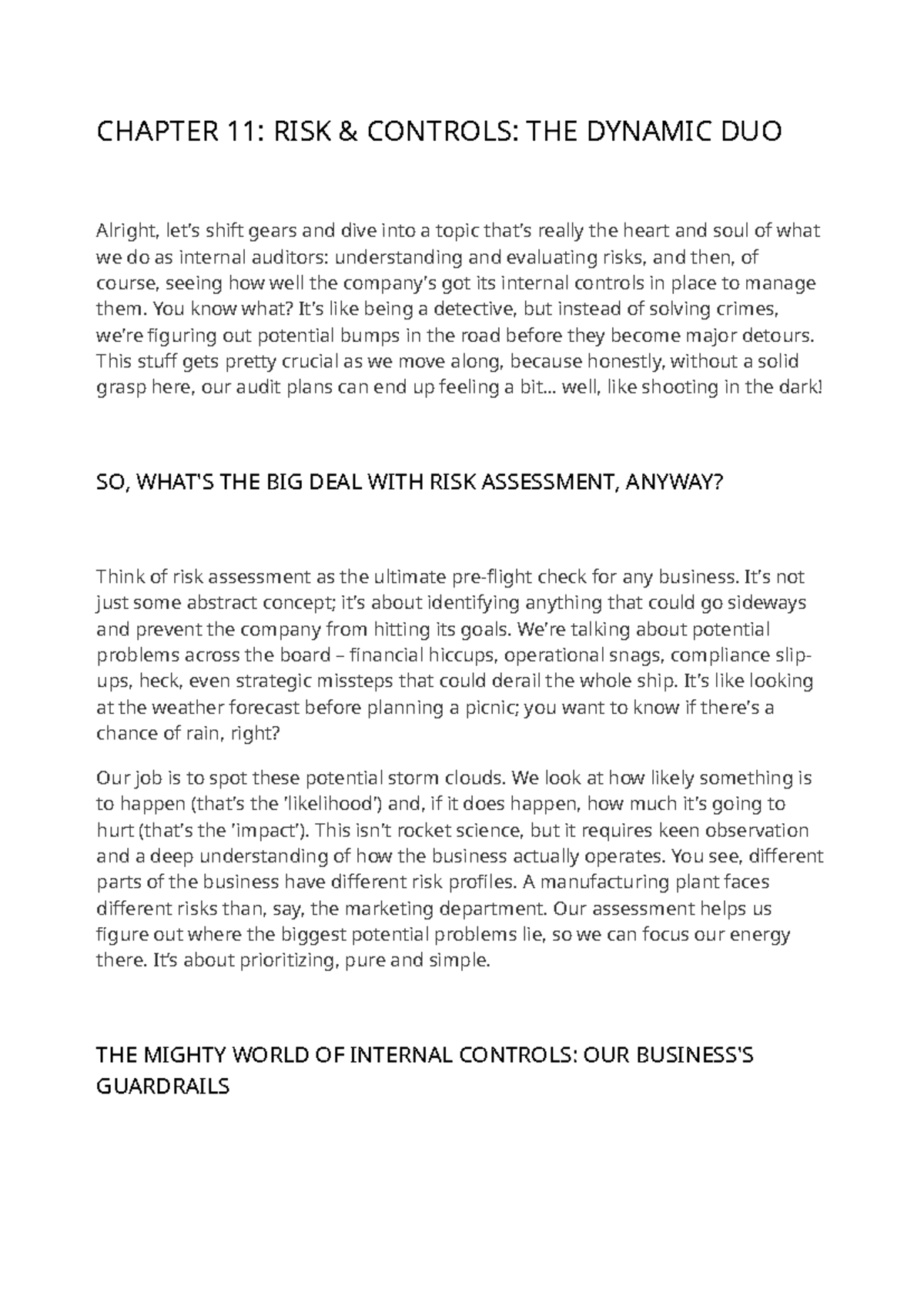 CHAPTER 11: RISK CONTROLS IN INTERNAL AUDITING REVIEW - Studocu