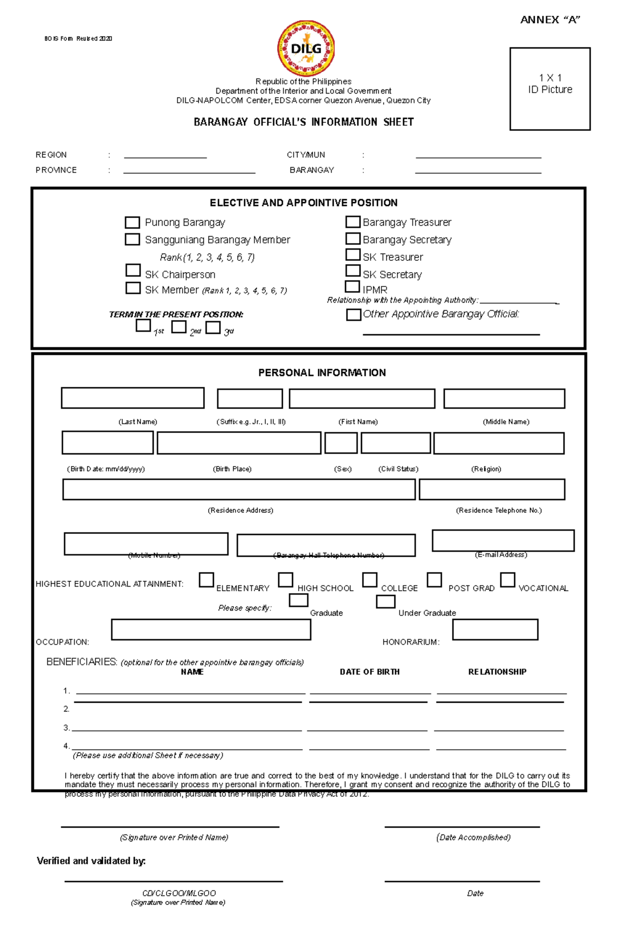 Bois form revised 2020 - FOR APPLICATION - BOIS Form Revised 2020 ...