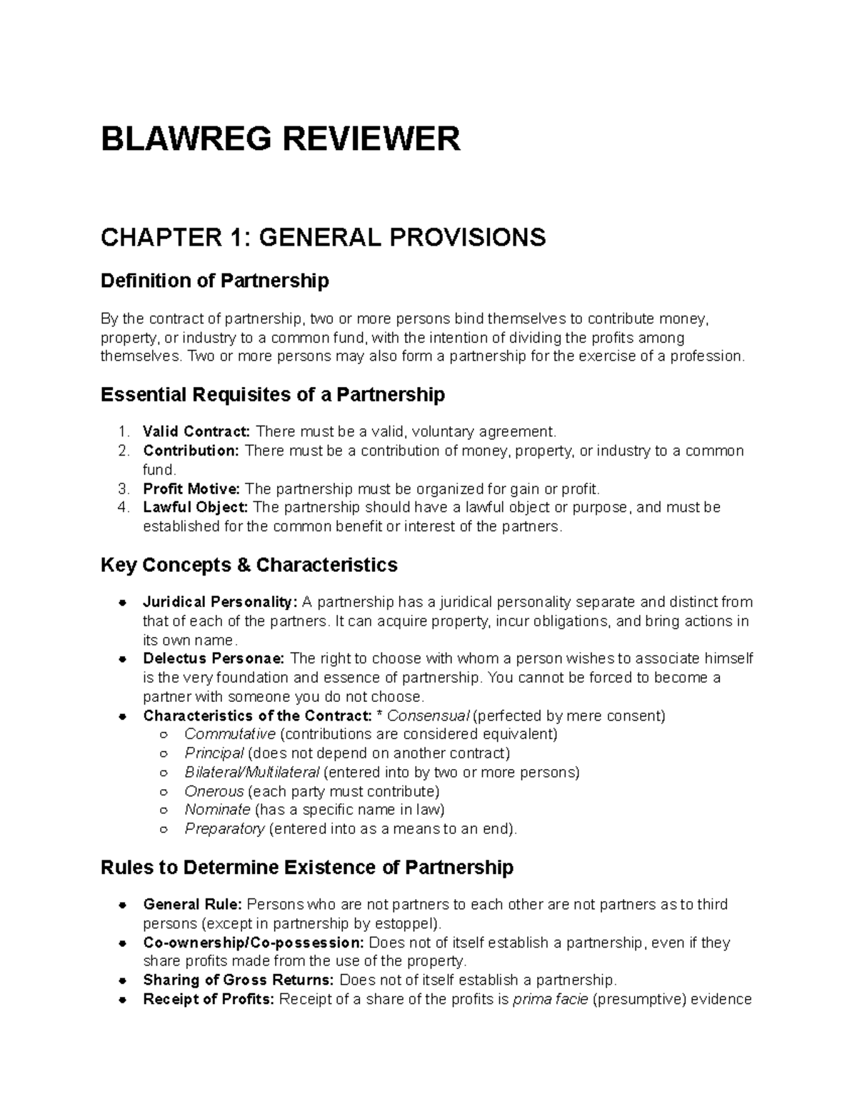 BLAWREG REVIEWER CHAPTER 1: GENERAL PROVISIONS ON PARTNERSHIP - Studocu
