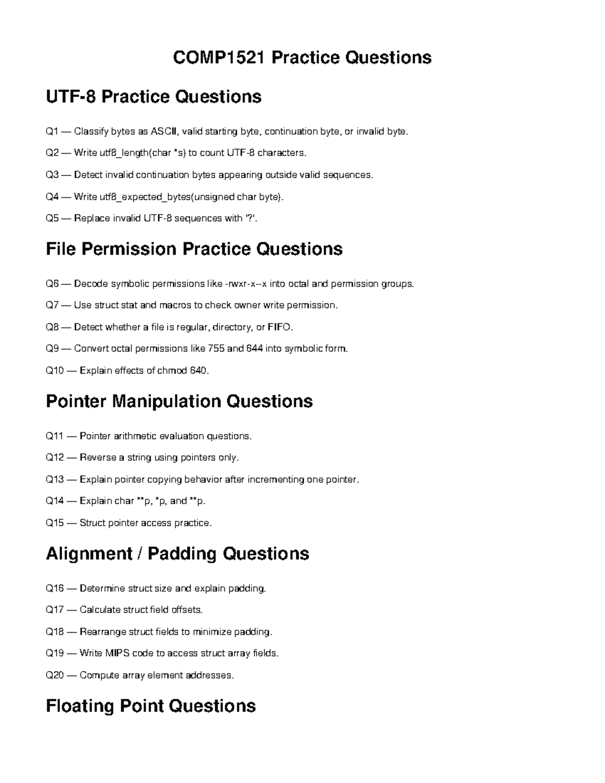 COMP1521 Practice Questions: ASCII, File Permissions, Pointers ...