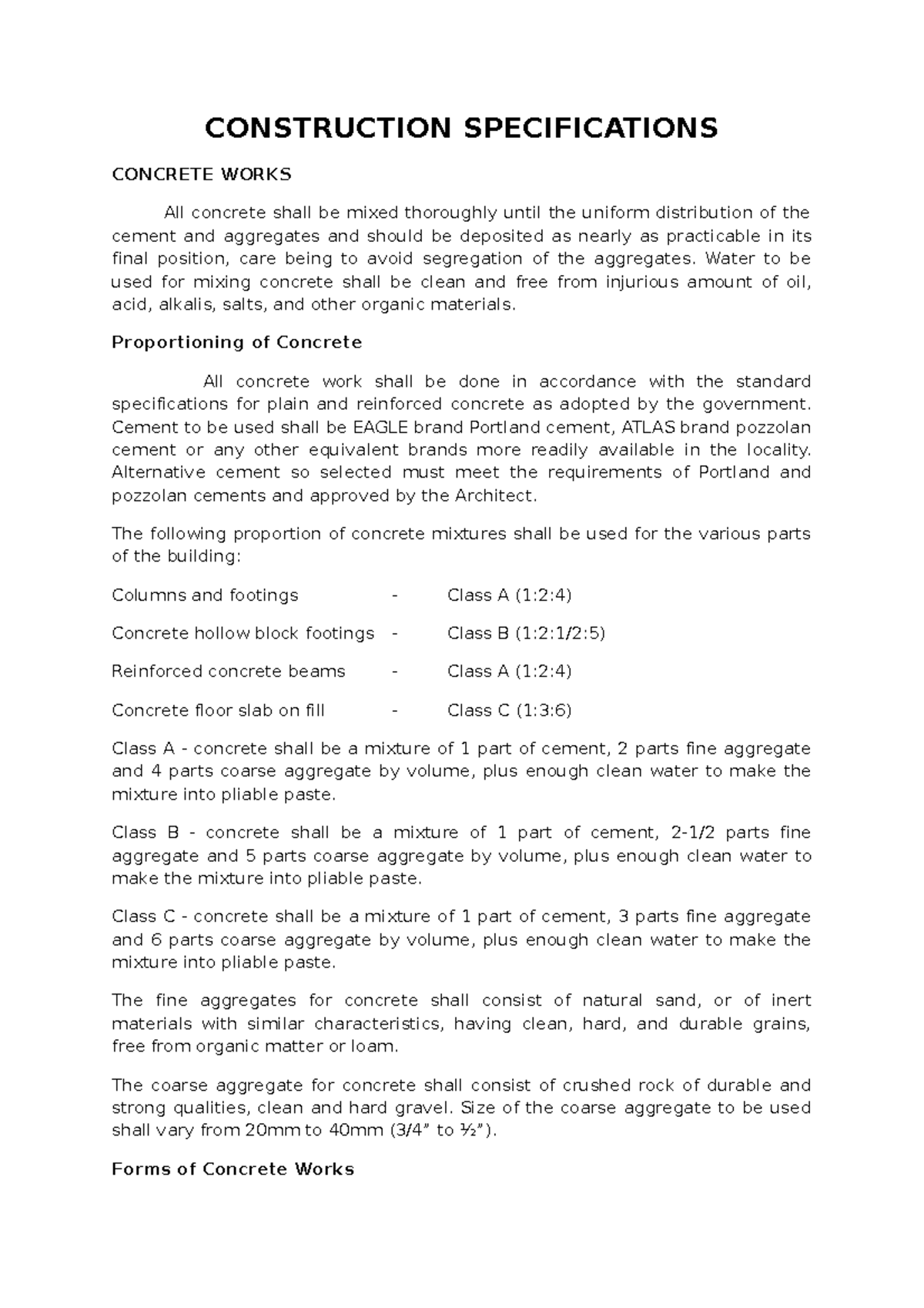 Construction Specifications for Concrete Works and Lumber - Studocu