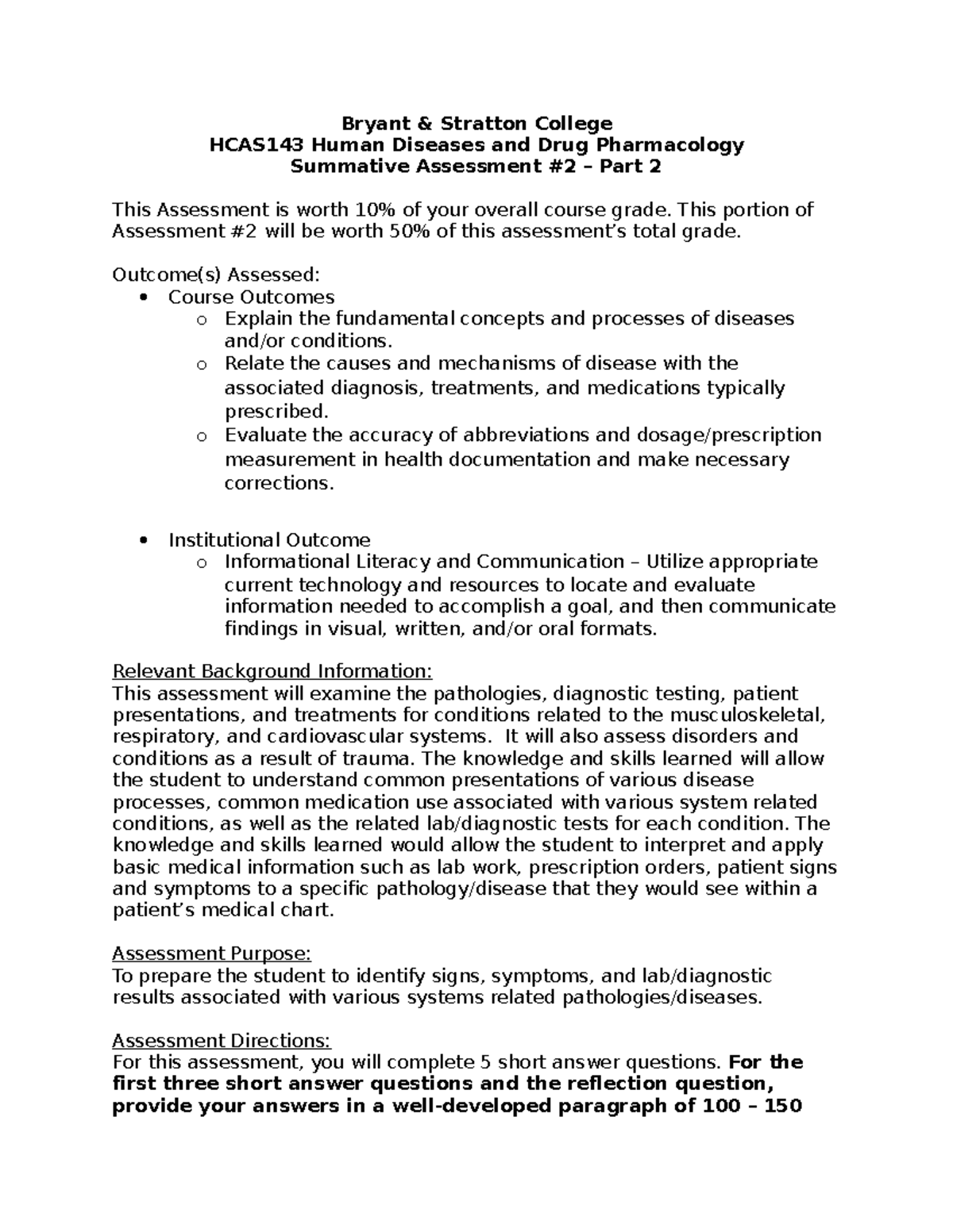 HCAS143 Summative Assessment 2 - Part 2: Human Diseases & Diagnostics ...