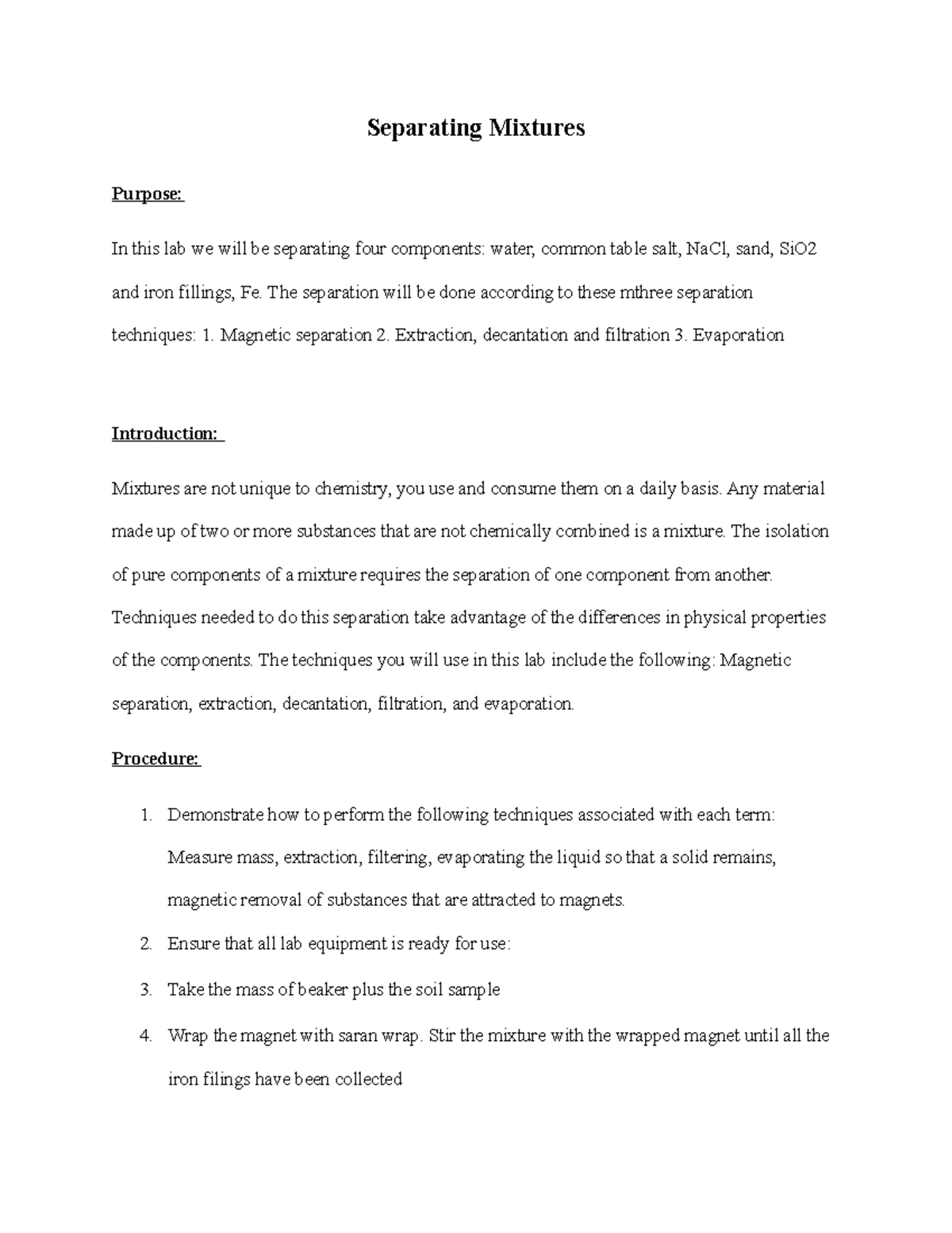 Lab Report: Separating Mixtures Techniques - Pre Lab HS Science - Studocu