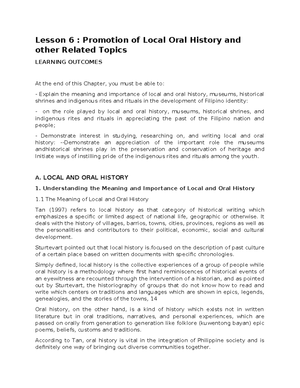 Lesson 6: Promoting Local and Oral History in Filipino Culture - Studocu