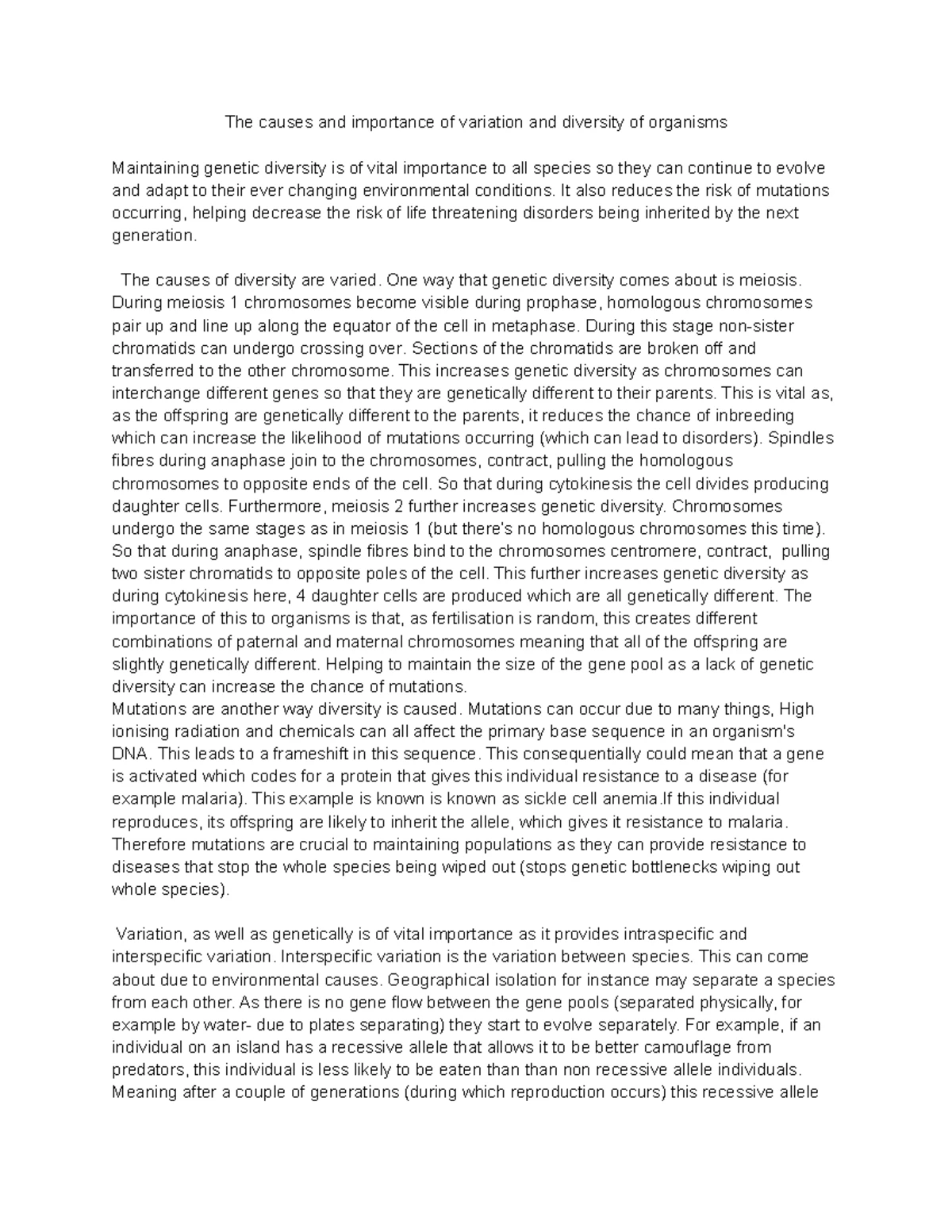 Variation and Diversity in Organisms: 25 Mark Essay Analysis - Studocu