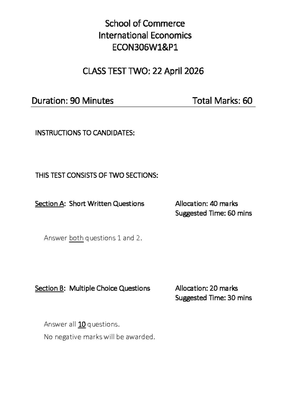 SOC: International Economics Class Test Two - April 22, 2026 - Studocu