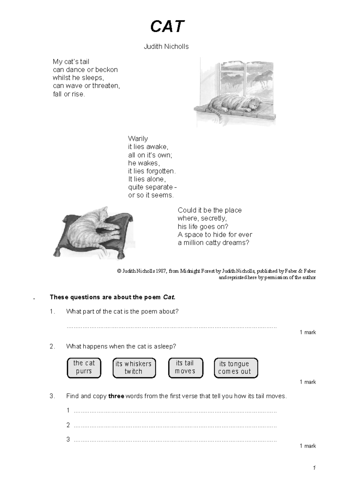 Poetry Questions 2 - KS2: Analyzing Judith Nicholls' "Cat" - Studocu