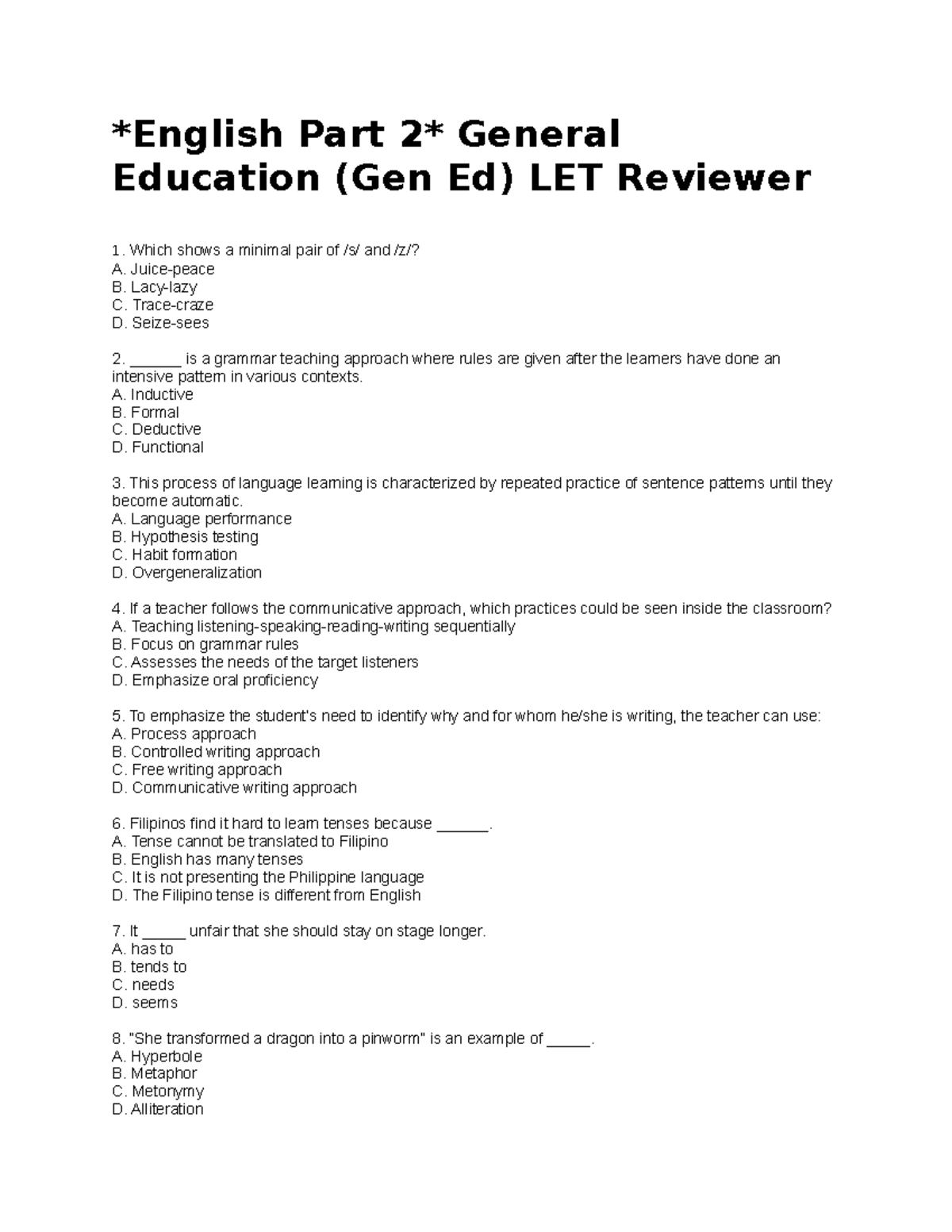 English Part 2 - General Education LET Reviewer and Answers - Studocu
