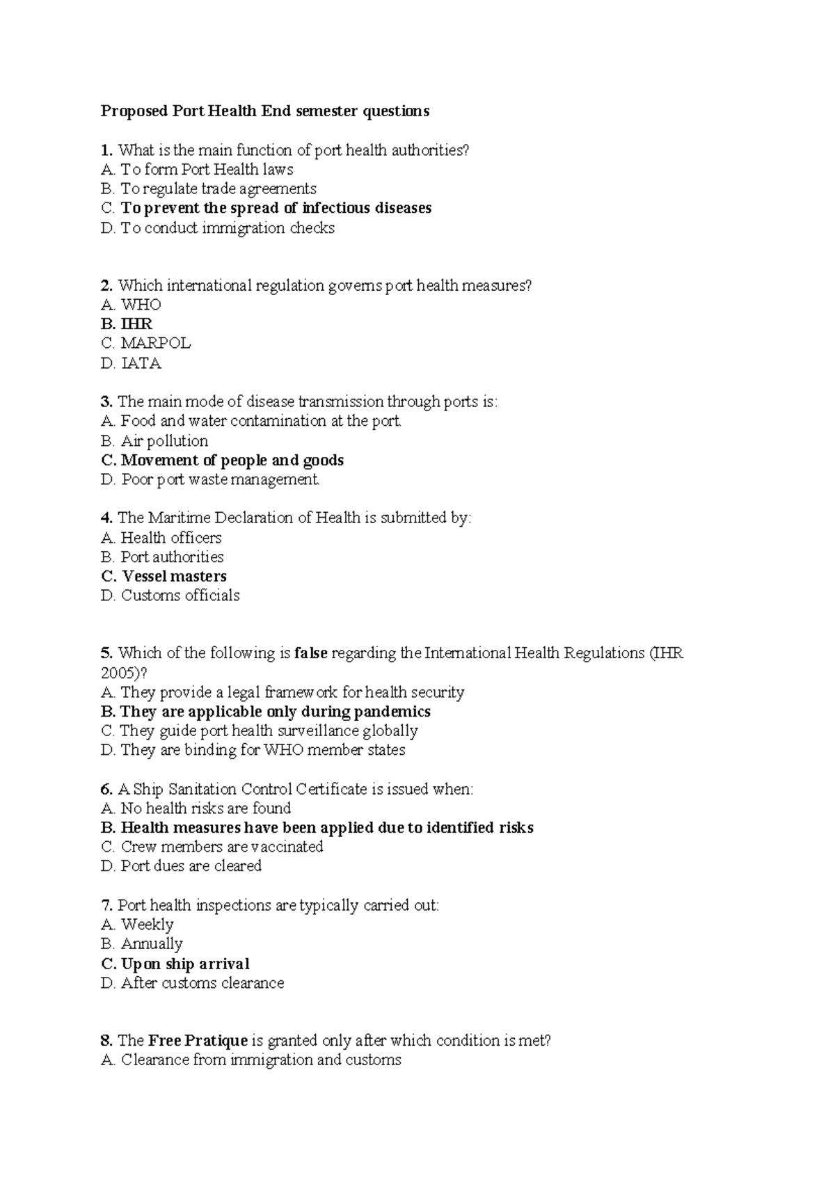 Proposed Port Health End Semester Questions (PH 101) - Studocu