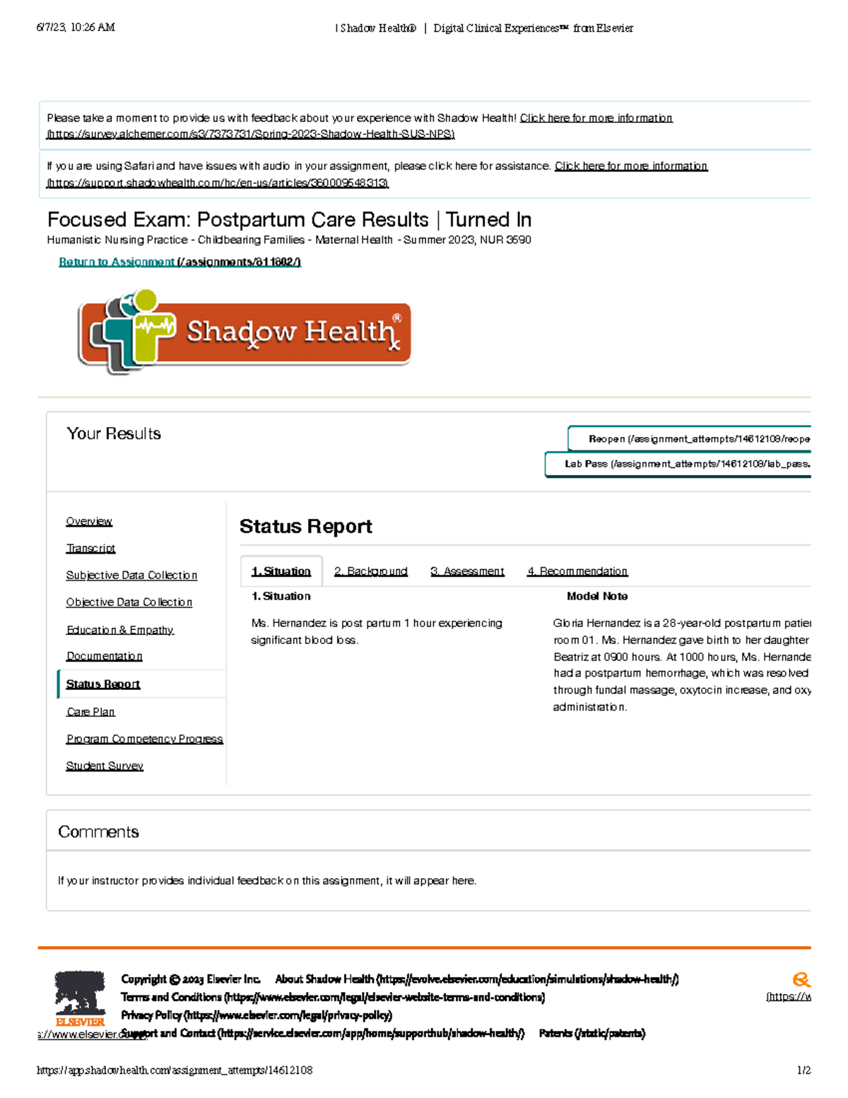 NUR 3590 │ Focused Exam: Postpartum Care SBAR Analysis - Studocu