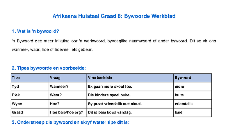 Bywoorde Werkblad Graad 8: Woordsoorte en Voorbeelde - Studocu