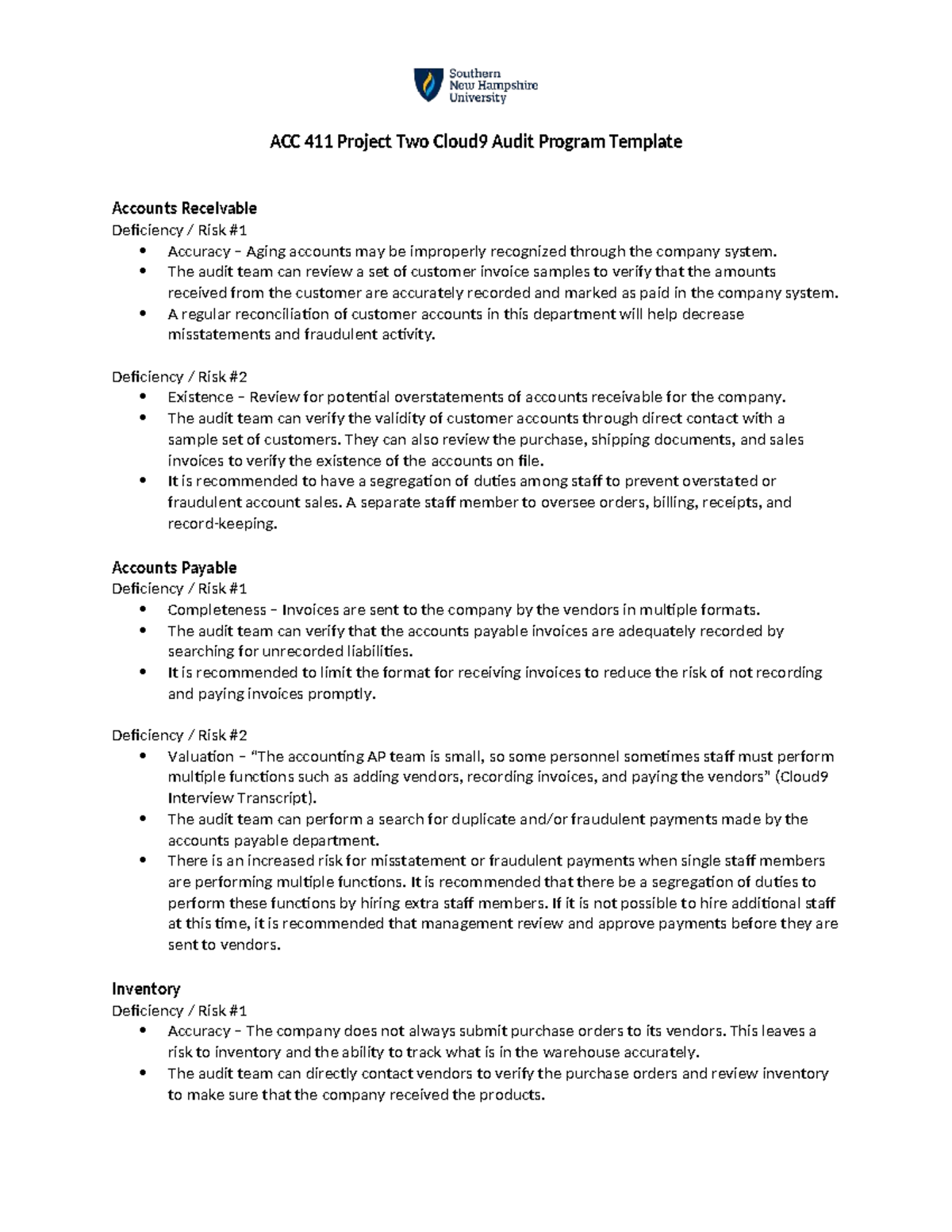 ACC 411 Project Two: Cloud9 Audit Program on Accounts Receivable Risks ...