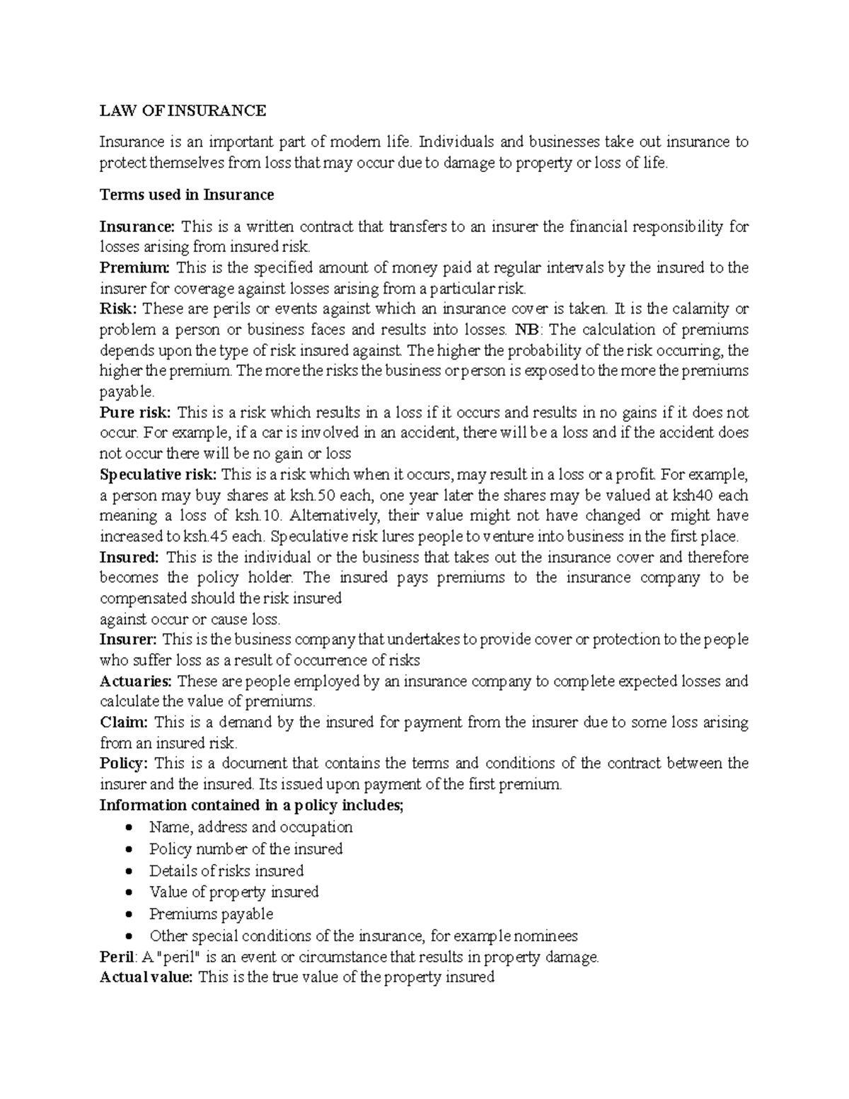 LAW OF INSURANCE: Key Concepts and Principles - BUM S22 - Studocu