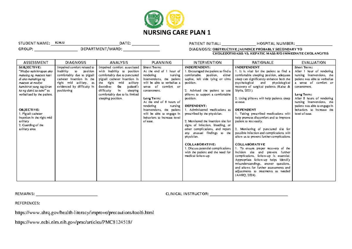 Impaired Comfort Care Plan for Patient with Pigtail Catheter (NURSING ...