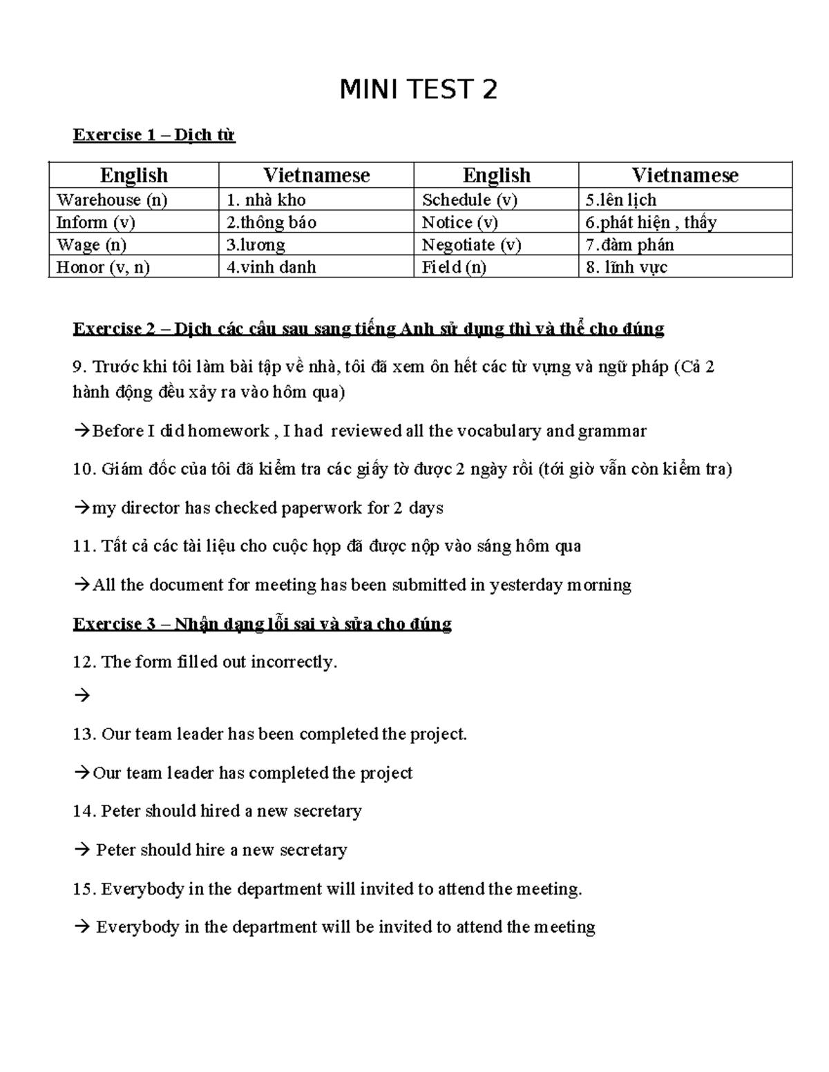 B - Mini Test 2 - please - MINI TEST 2 Exercise 1 – Dịch từ English ...