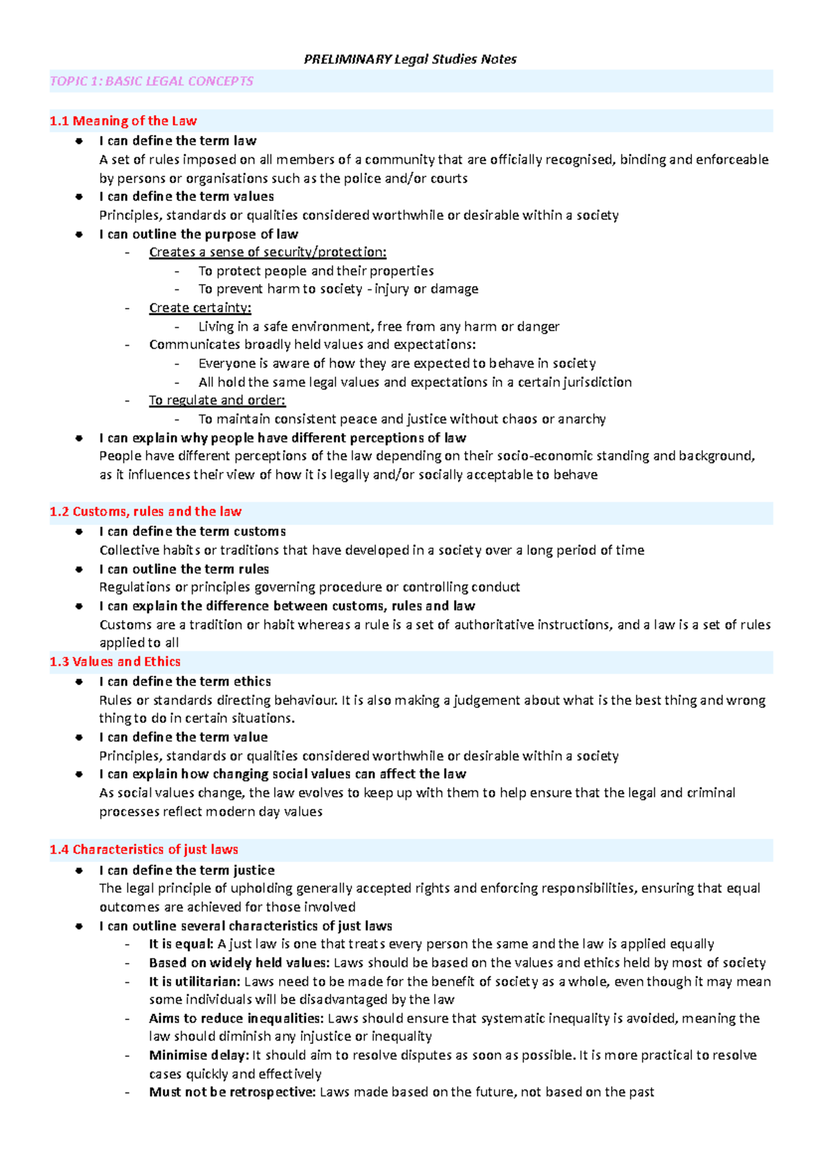 Preliminary Legal Studies Notes (LS101): Basic Legal Concepts & Sources ...