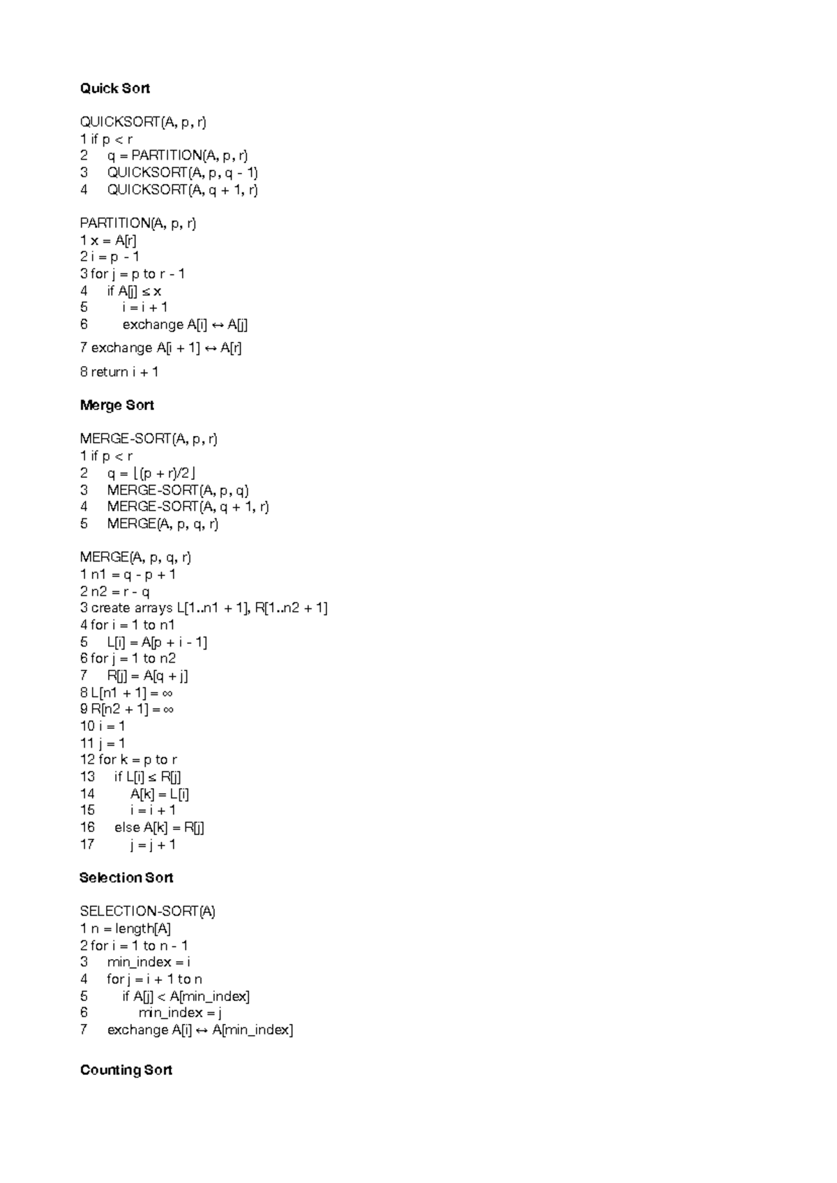 Sorting Algorithms: Quick, Merge, Selection, and Counting Sort - Studocu