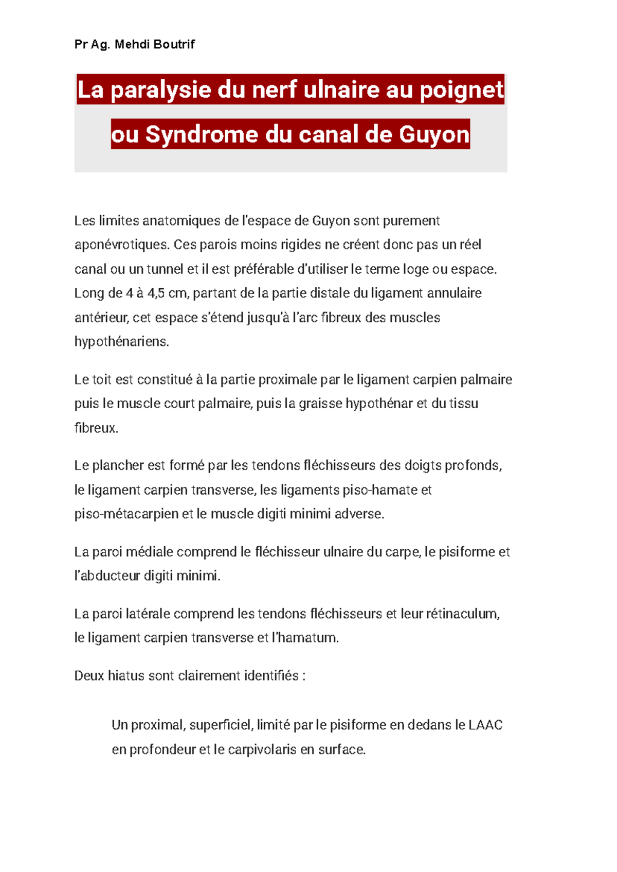 Syndrome du canal de Guyon : Paralysie du nerf ulnaire au poignet - Studocu