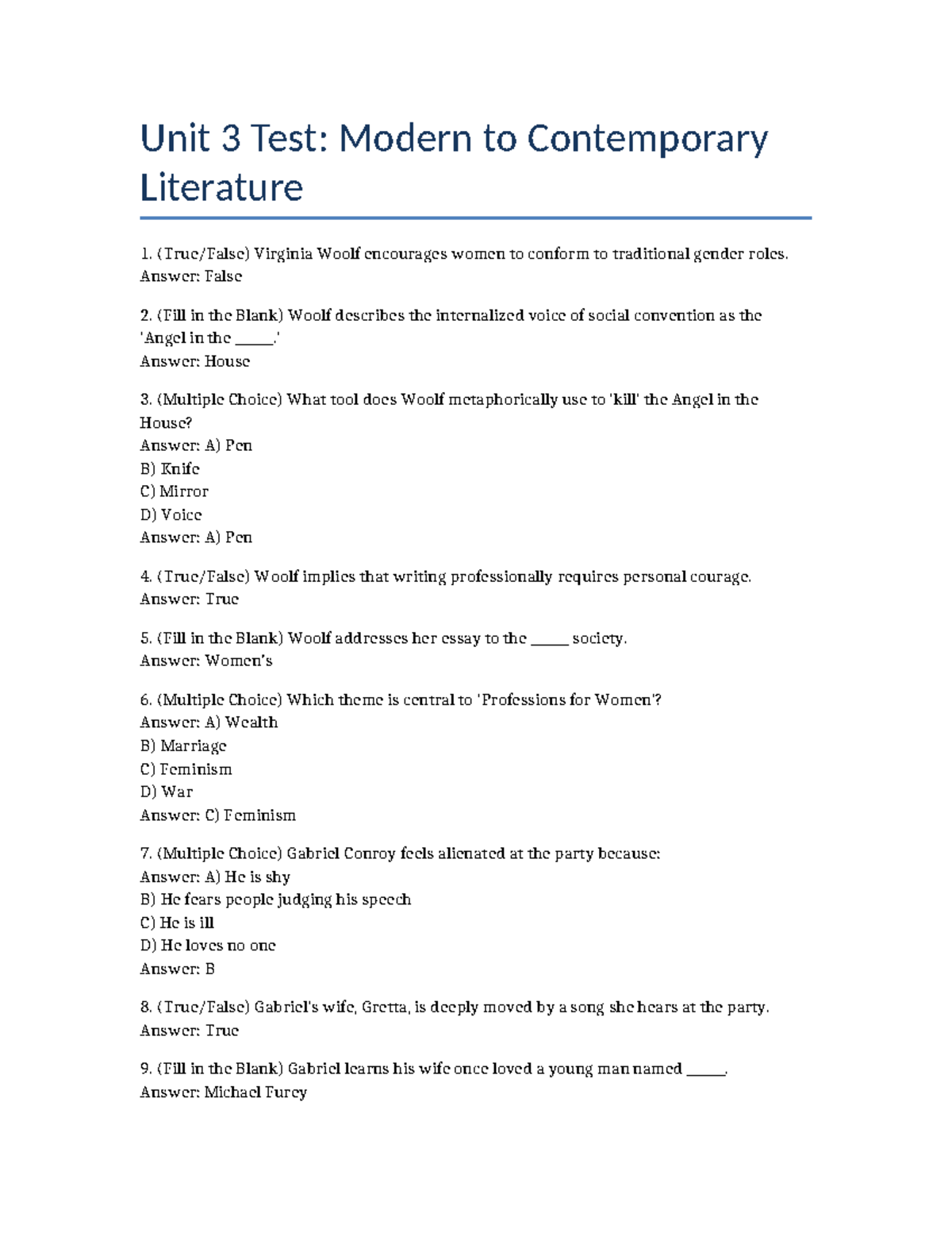 Unit 3 Practice Test: Modern to Contemporary Literature 1 - Studocu
