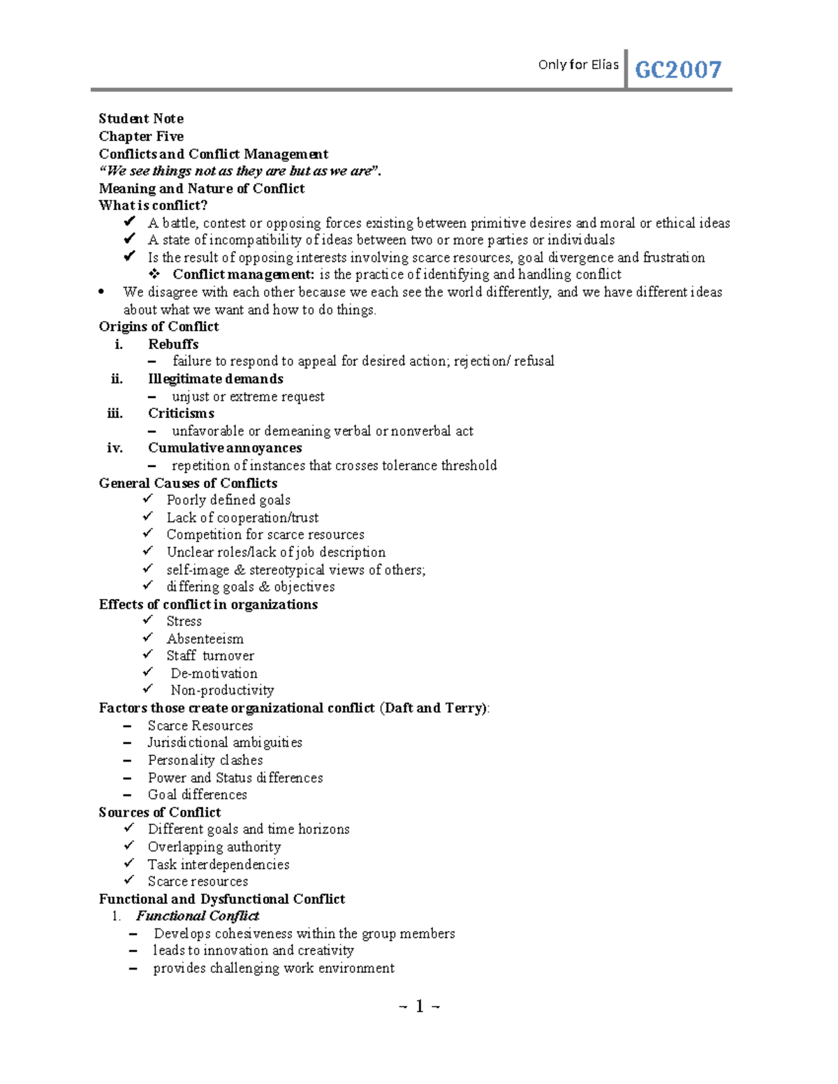 GC2007 Chapter 5 Notes: Understanding Conflicts & Management - Studocu
