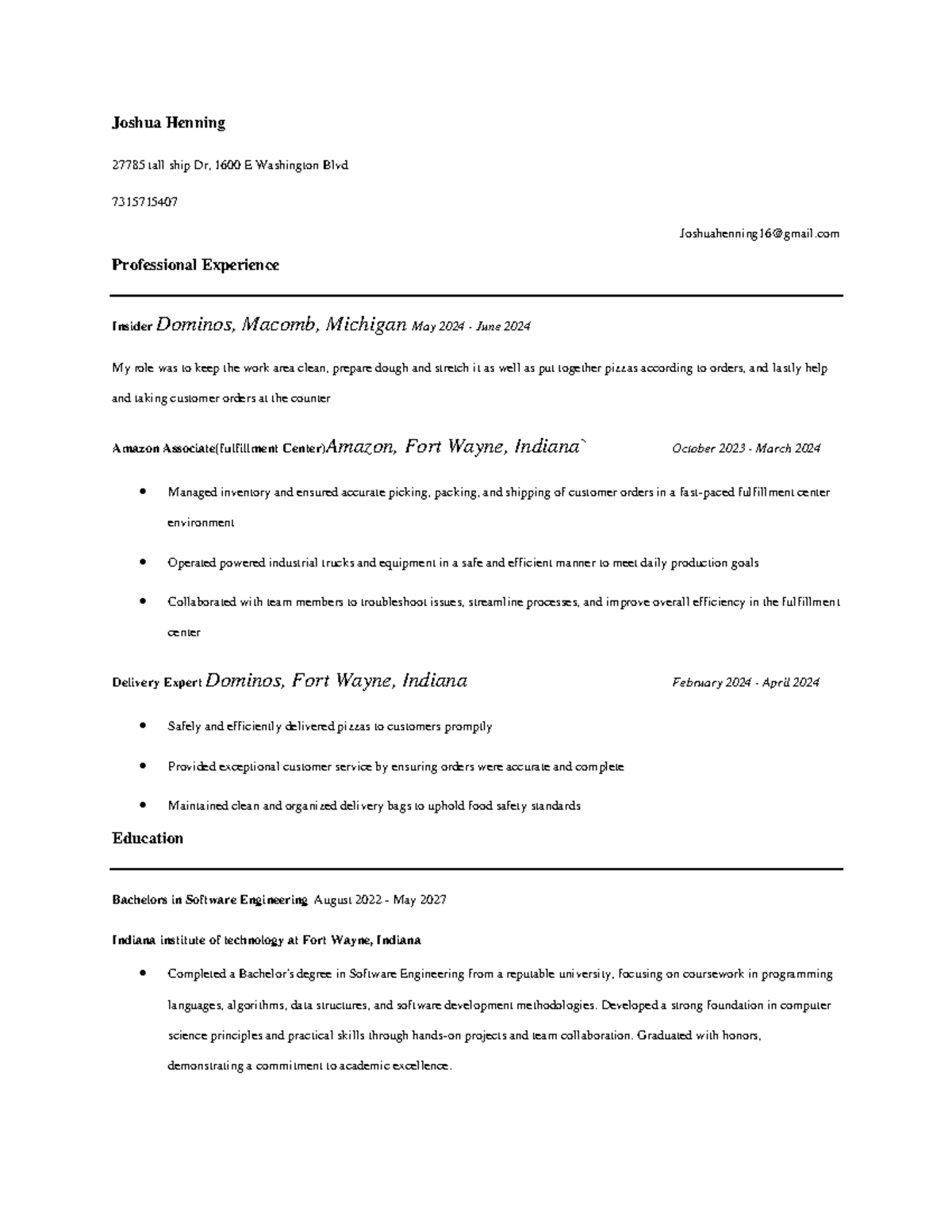 Advanced Resume for Software Engineering - Joshua Henning - Studocu