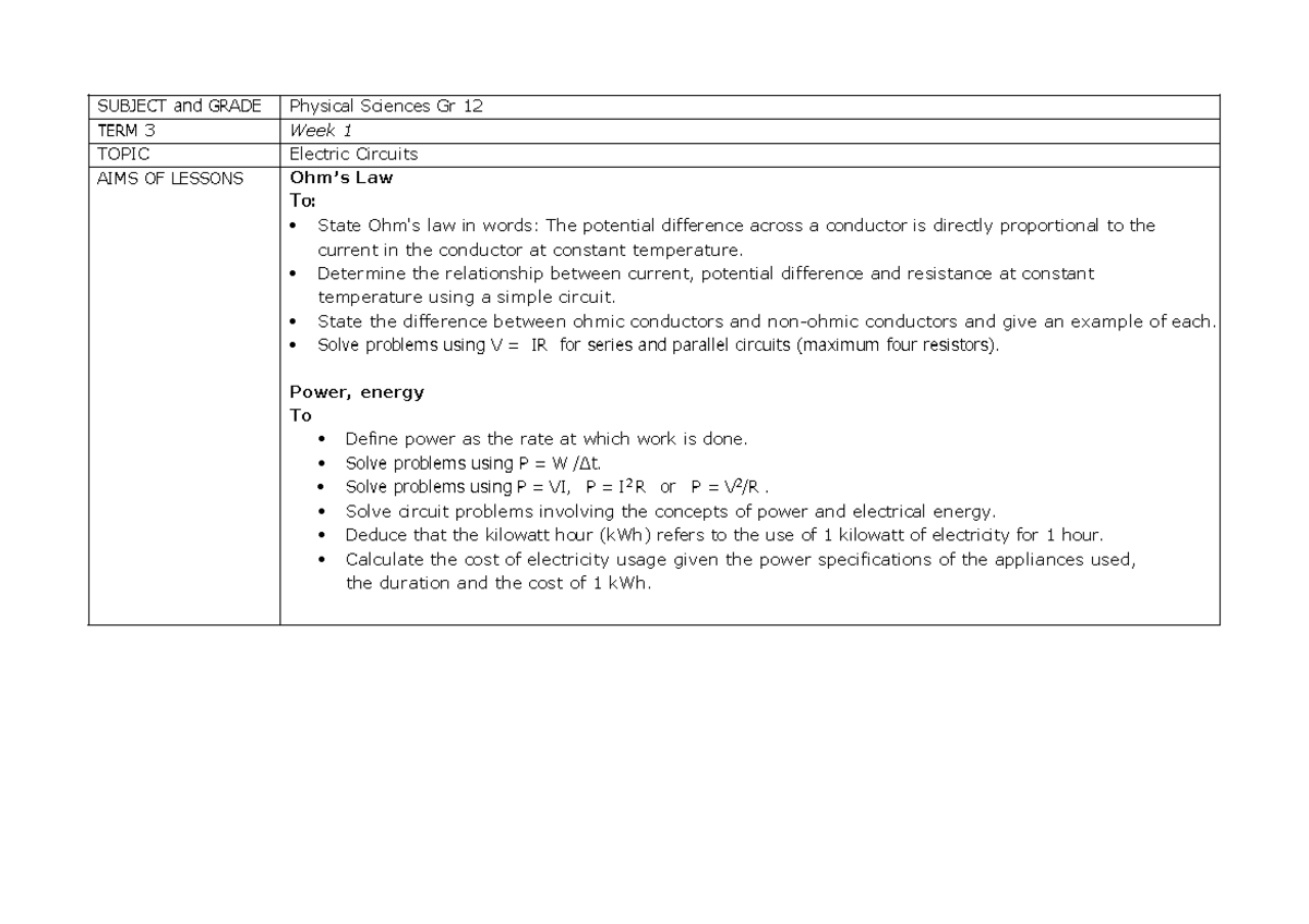 LESSON PLAN: Electric Circuits Gr 12 - Term 3 Week 1-2 Overview - Studocu