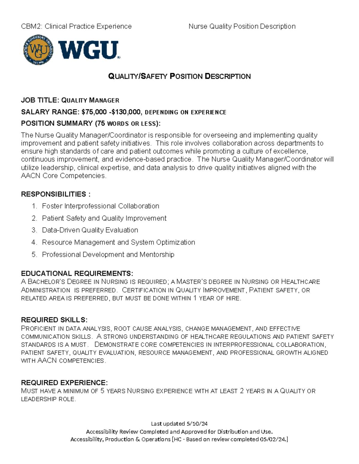 CBM2: Nurse Quality Manager Position Description and Responsibilities ...