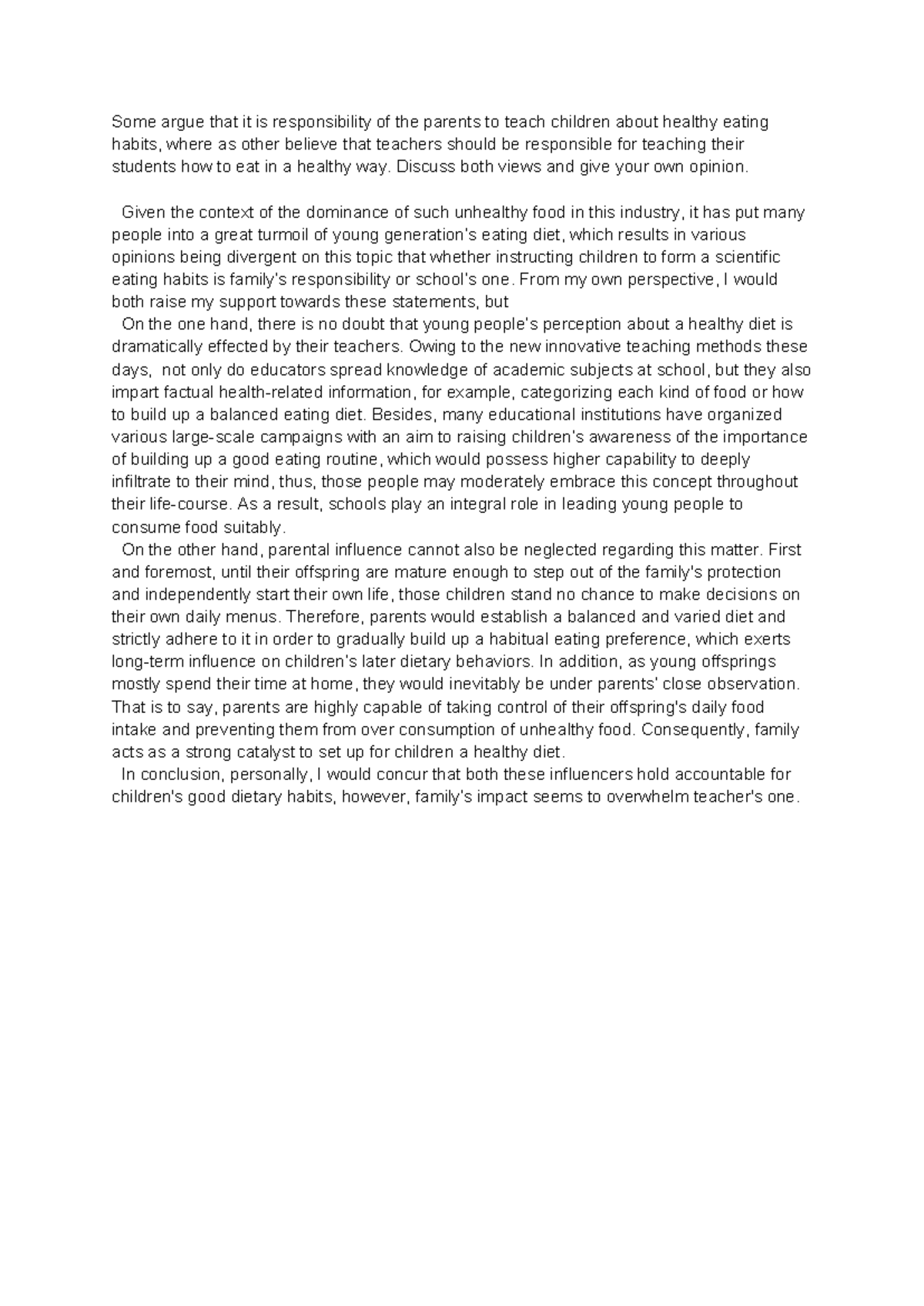 Essay on Healthy Eating Habits: Parental vs. Teacher Responsibility ...
