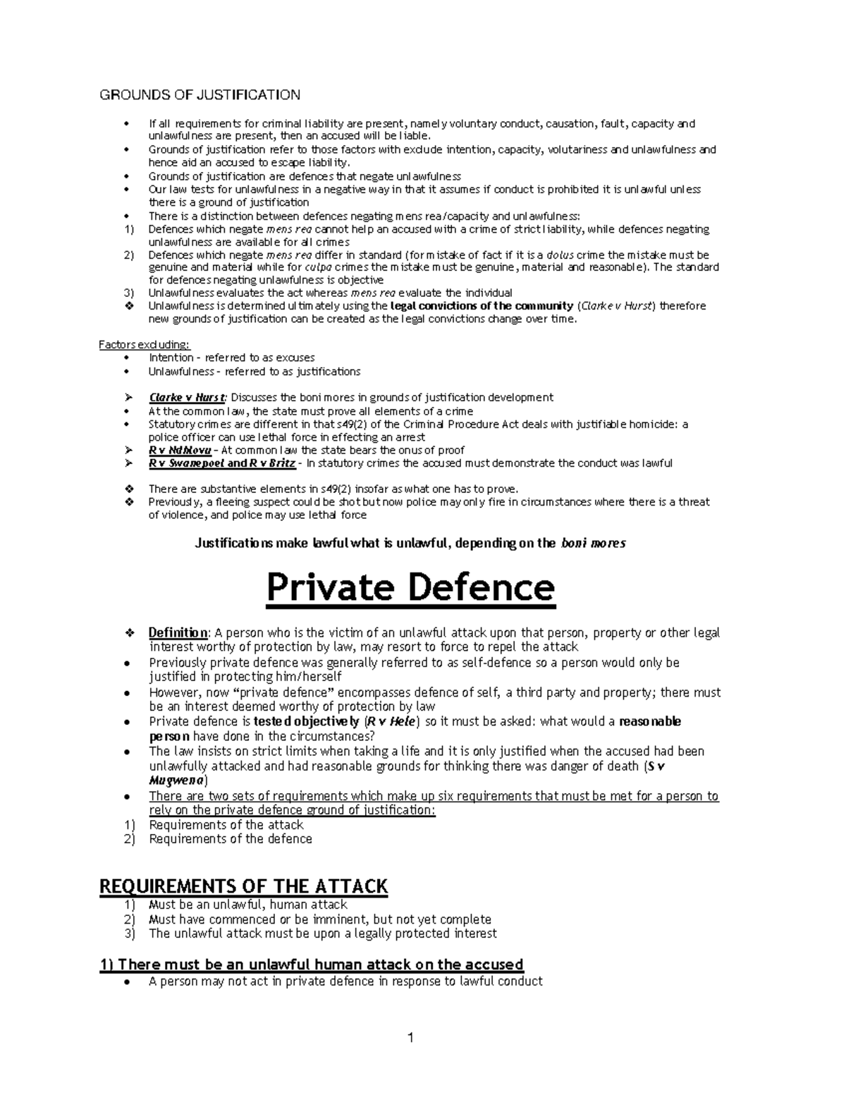 Private Defence - Criminal Law - GROUNDS OF JUSTIFICATION If all ...