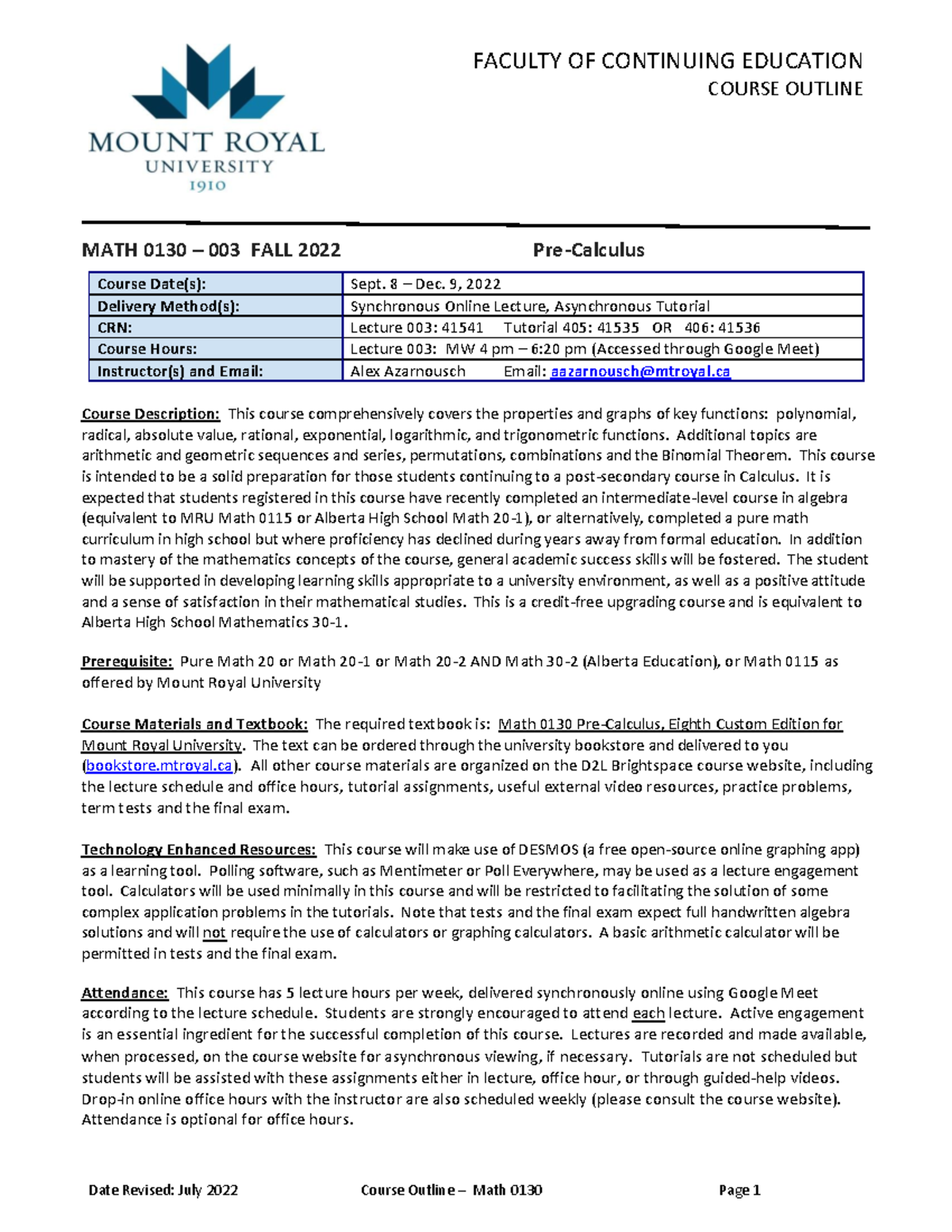 Math 0130 Online Fall 2022 - FACULTY OF CONTINUING EDUCATION COURSE ...
