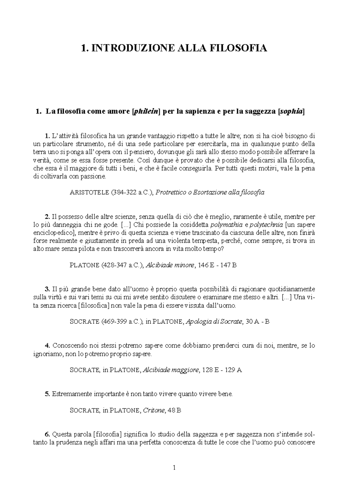 1. Introduzione alla Filosofia: Amore per la Sapienza e la Verità - Studocu