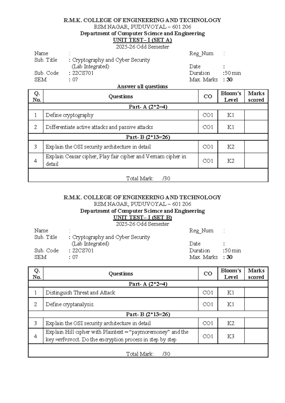22CS701 Cryptography & Cyber Security UT-I Assignment Questions - Studocu