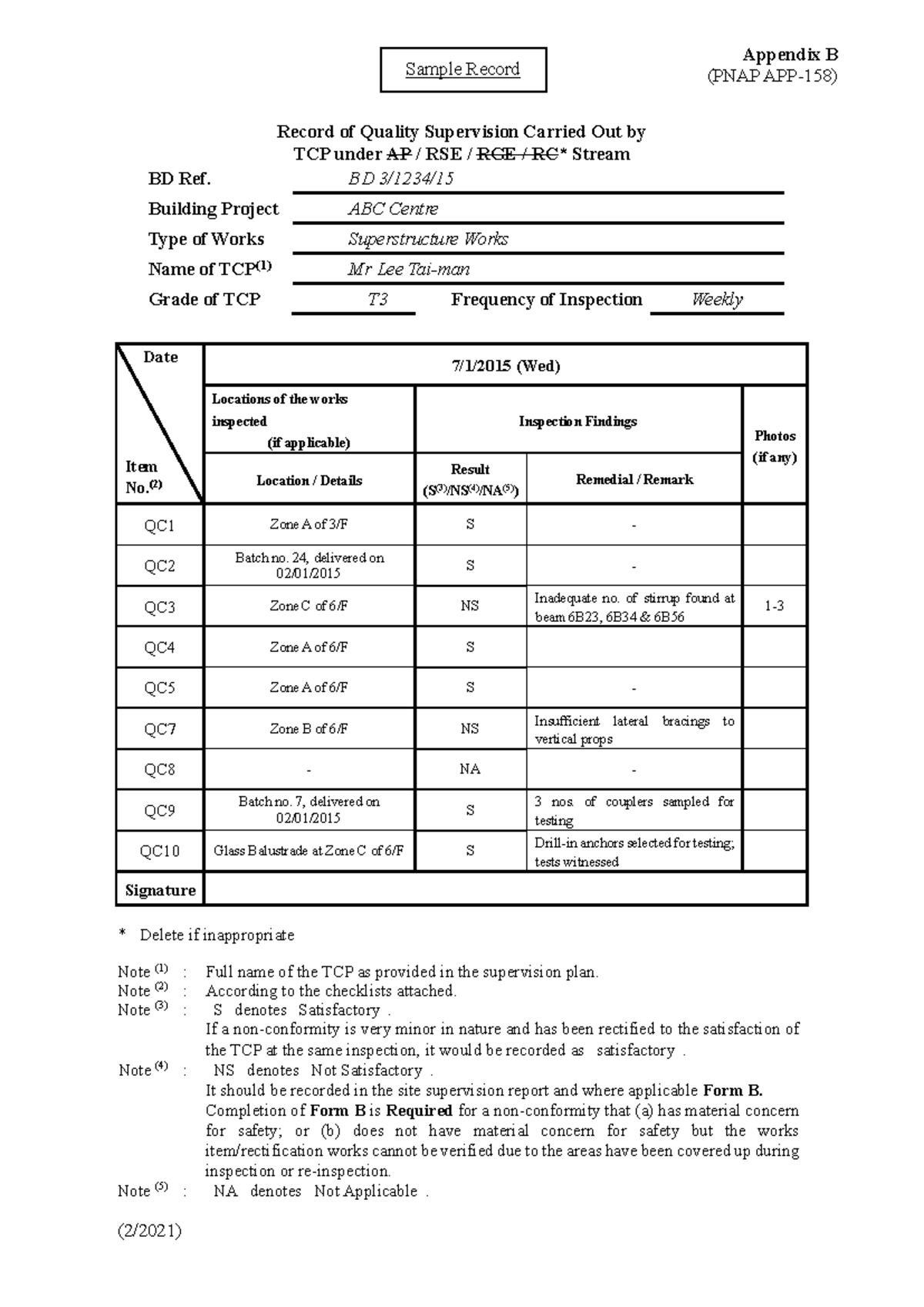 Appendix B: Quality supervision record for building project ABC Centre ...