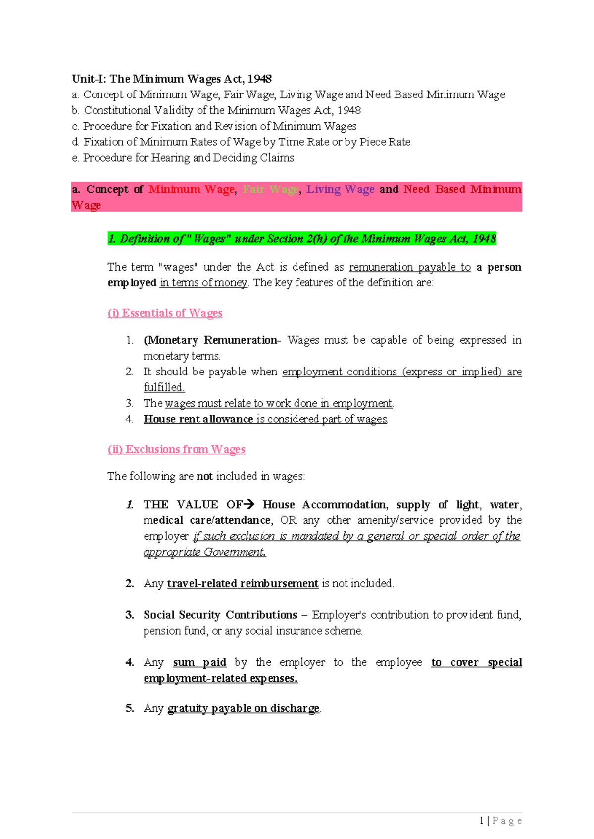 Labour Law UNIT-1: Understanding the Minimum Wages Act, 1948 - Studocu