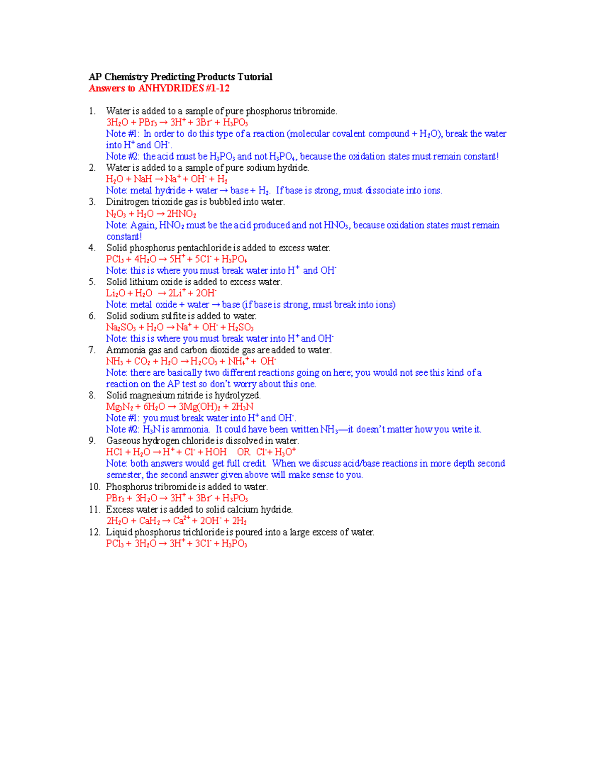 Pred Prod Tutorial answers to anhydrides 1-12 - AP Chemistry Predicting ...