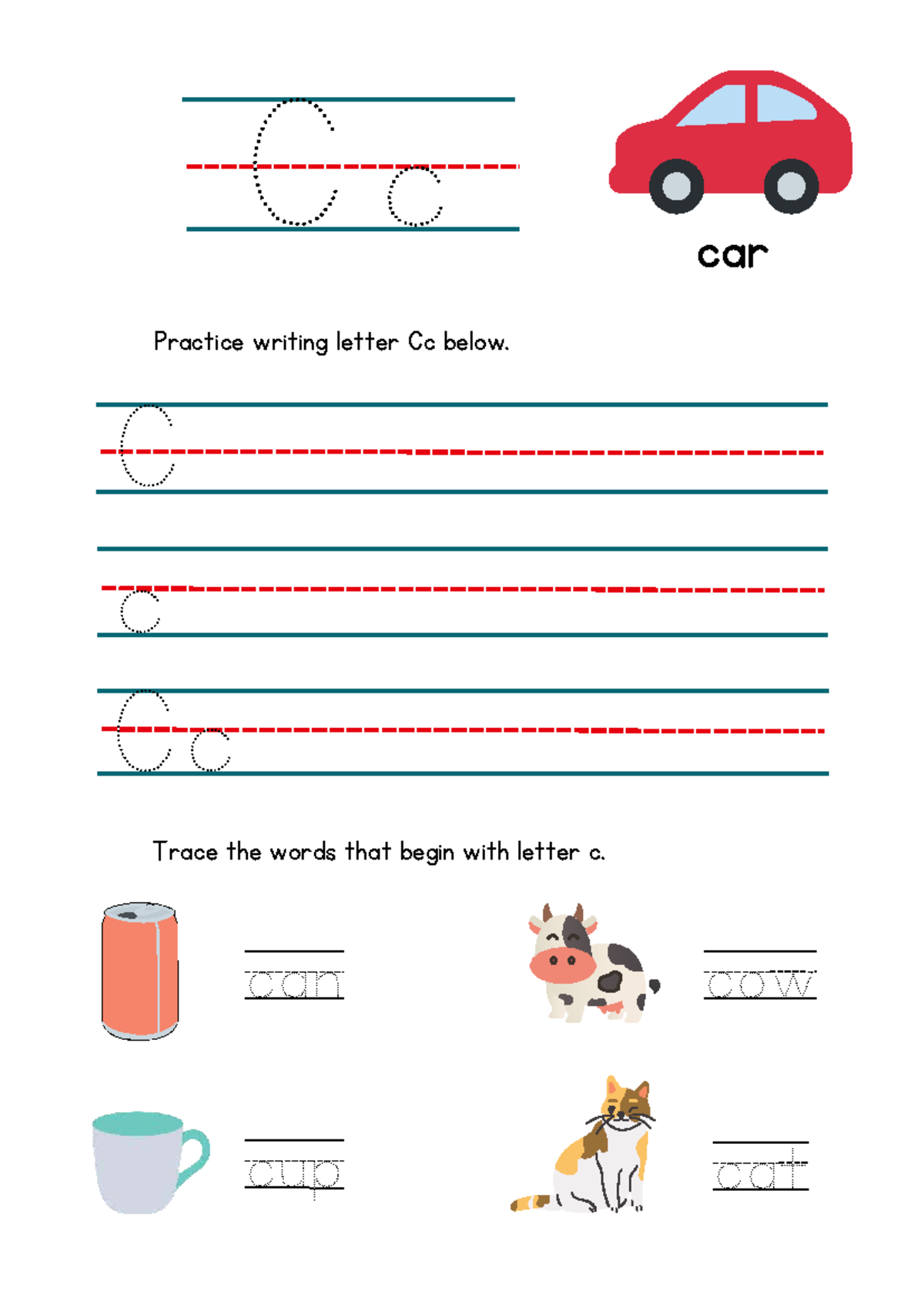 The letter C Alphabet worksheet - English 6 - C can car Practice ...