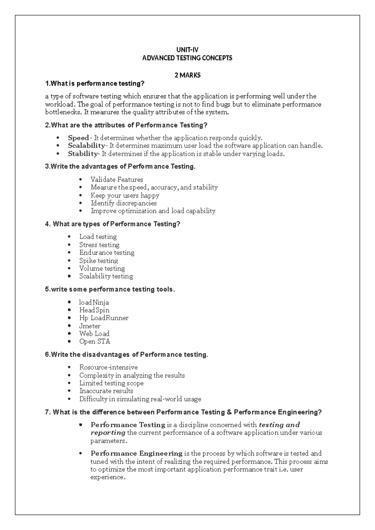 UNIT 4 PART A - Performance Testing Concepts and Techniques - Studocu