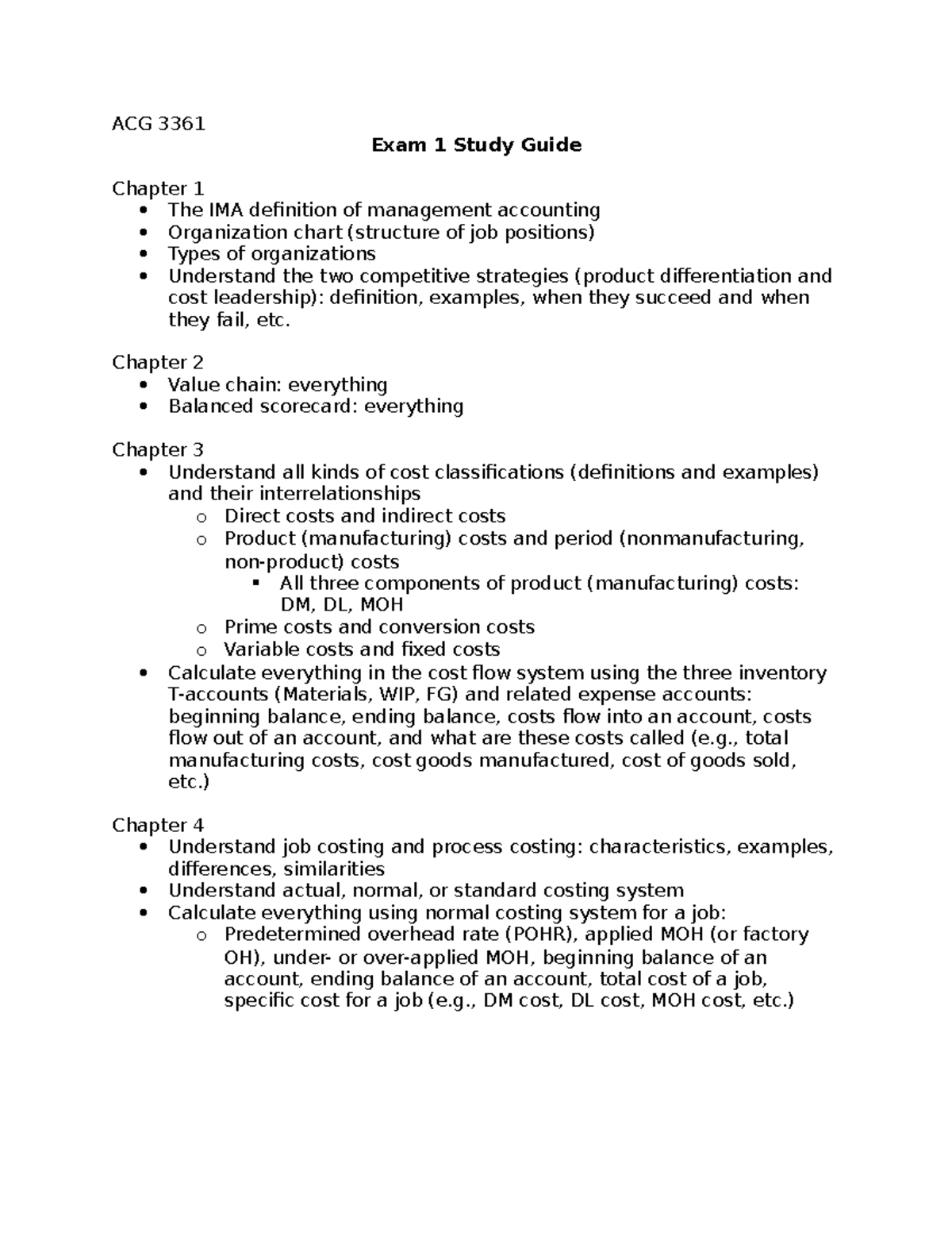 ACG 3361 Exam 1 Study Guide: Key Concepts & Cost Classifications - Studocu