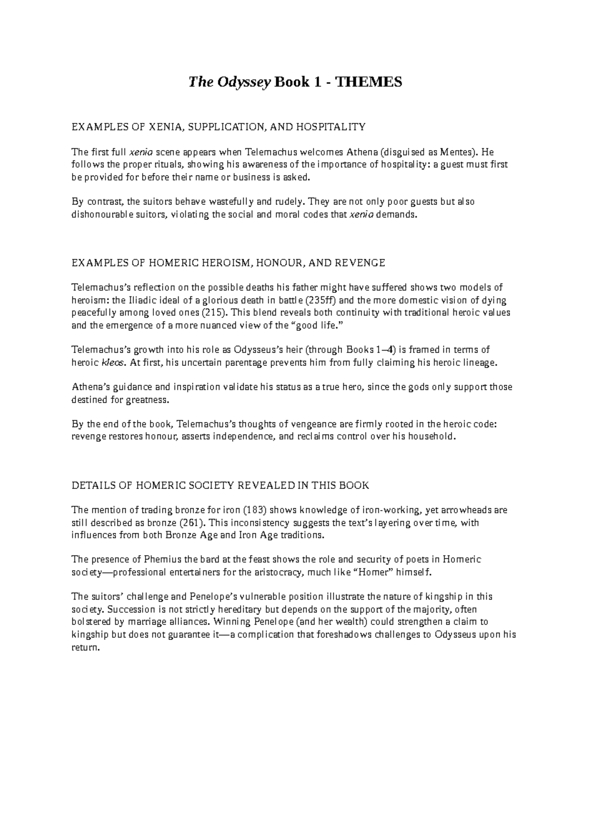 The Odyssey Book 1 - Themes of Xenia, Heroism, and Society - Studocu