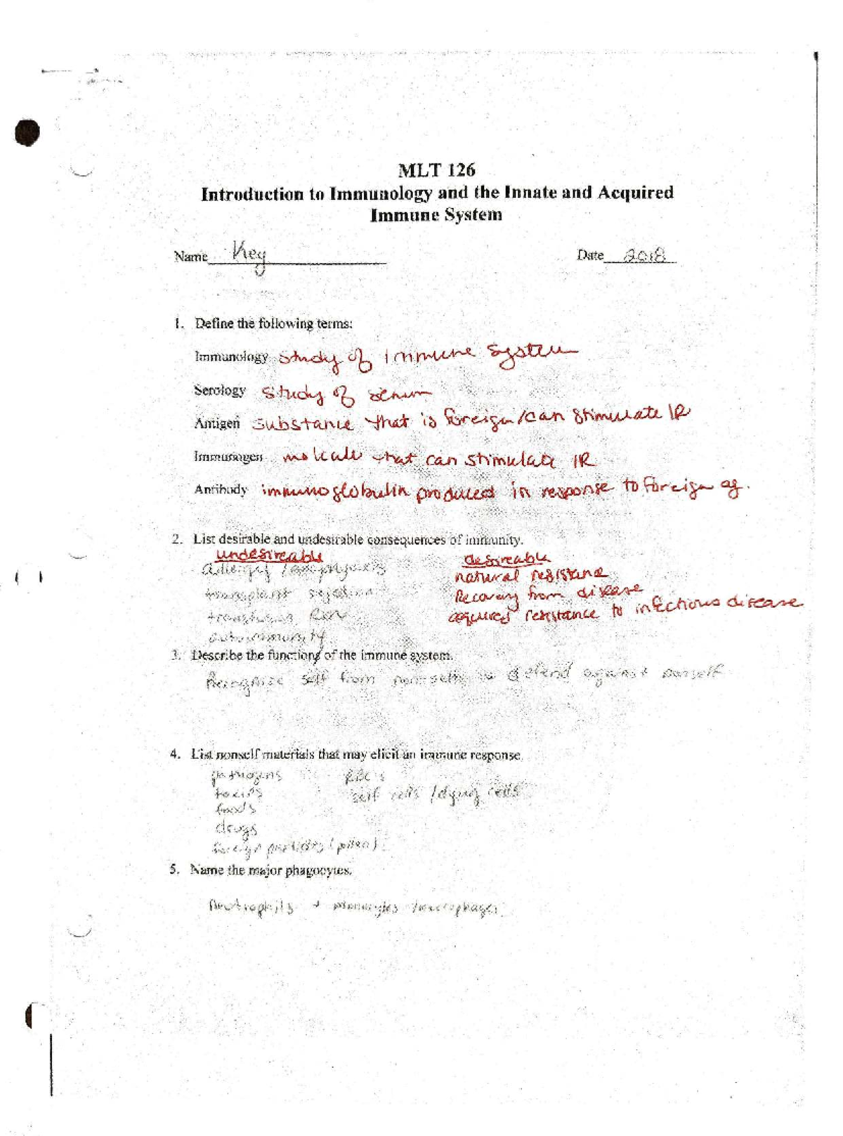 MLT 126 Day 1 Lab: Intro to Immunology Key Concepts and Terms - Studocu