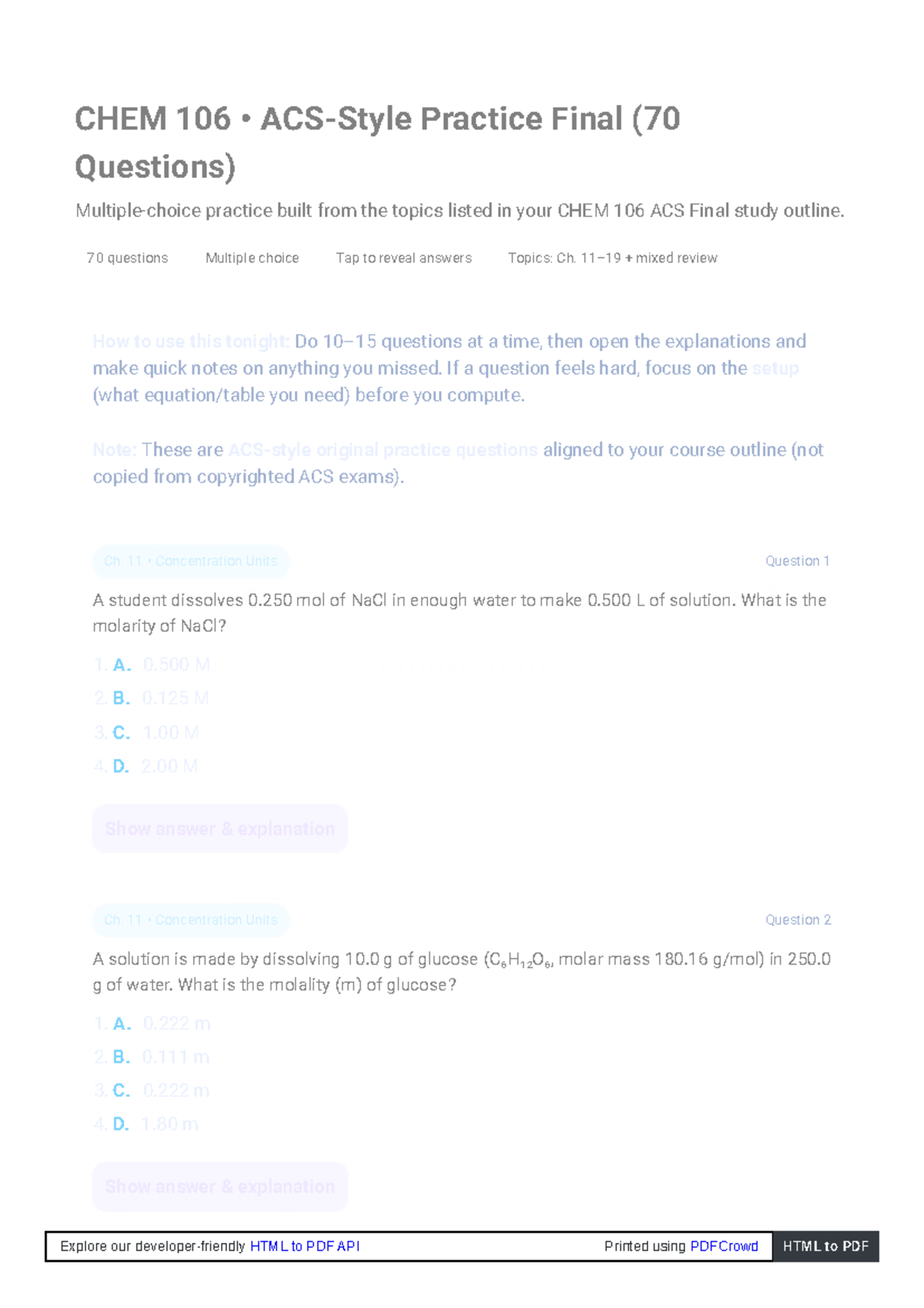 CHEM 106 ACS Practice Final Exam: 70 Questions Review - Studocu